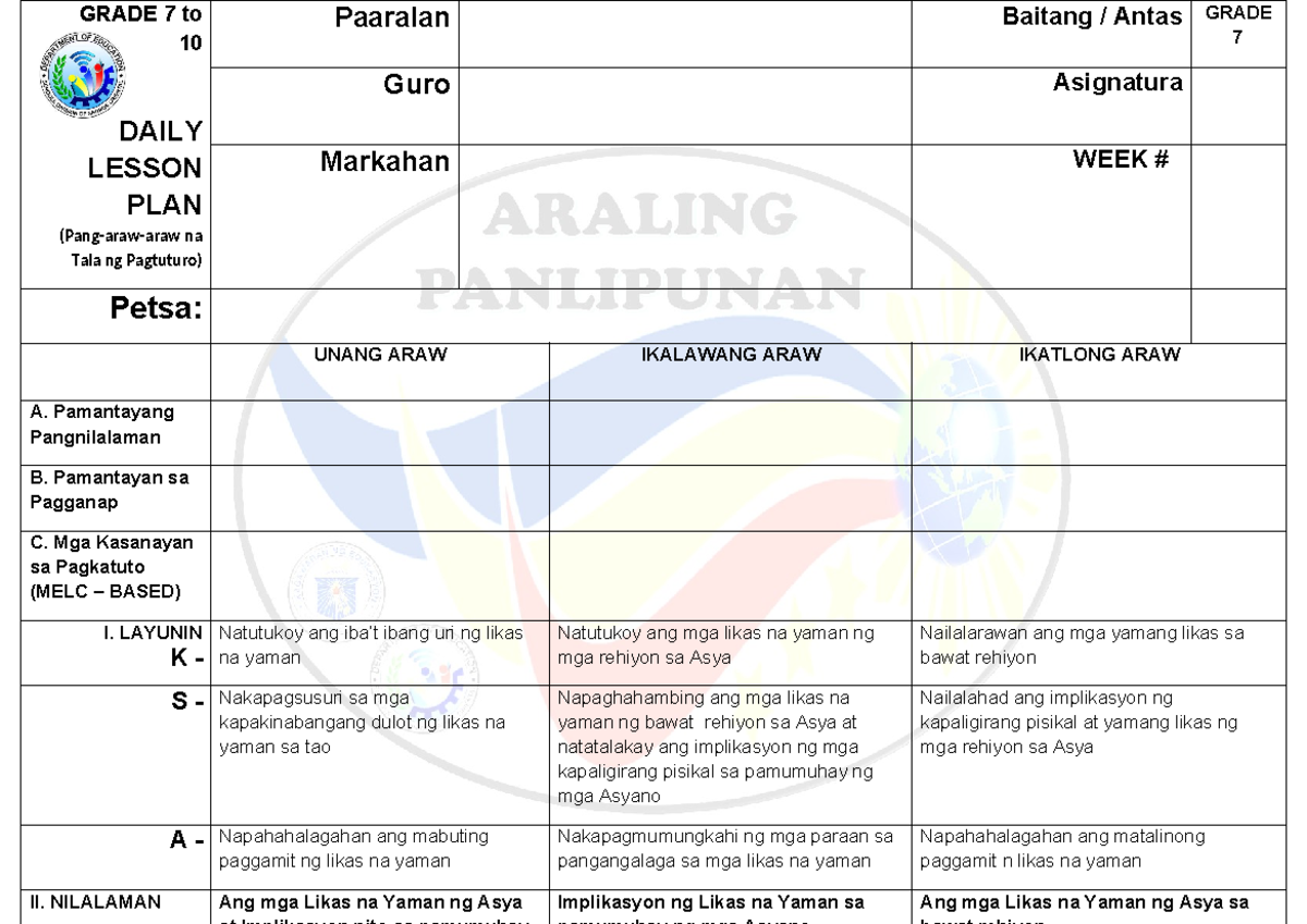 AP7-DLP-Q1-WEEK 3 - DAILY LESSON LOG - GRADE 7 to 10 DAILY LESSON PLAN (Pang-araw-araw na Tala ...