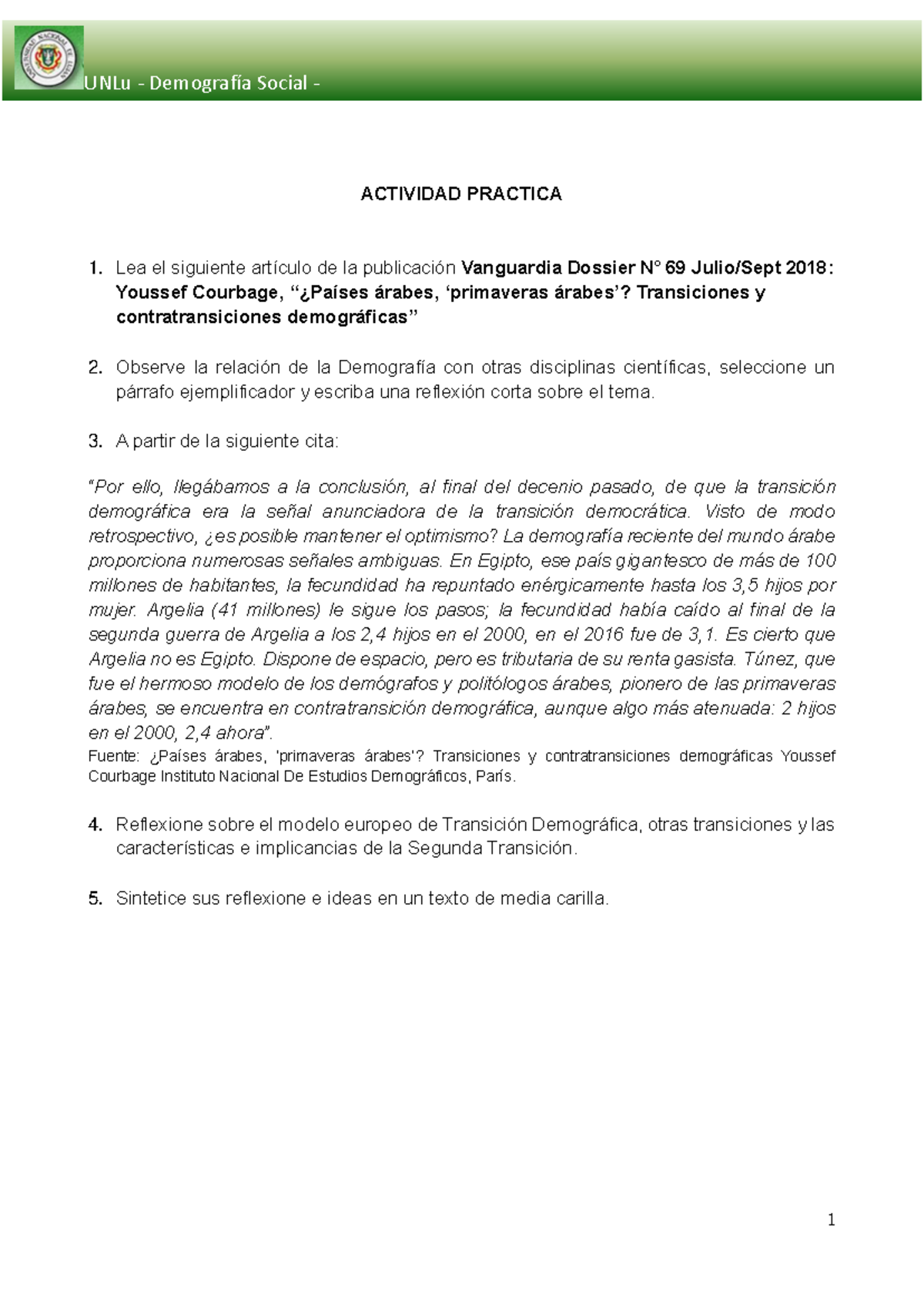 Actividad sobre articulo demog paises arabes - 1 ACTIVIDAD PRACTICA Lea ...