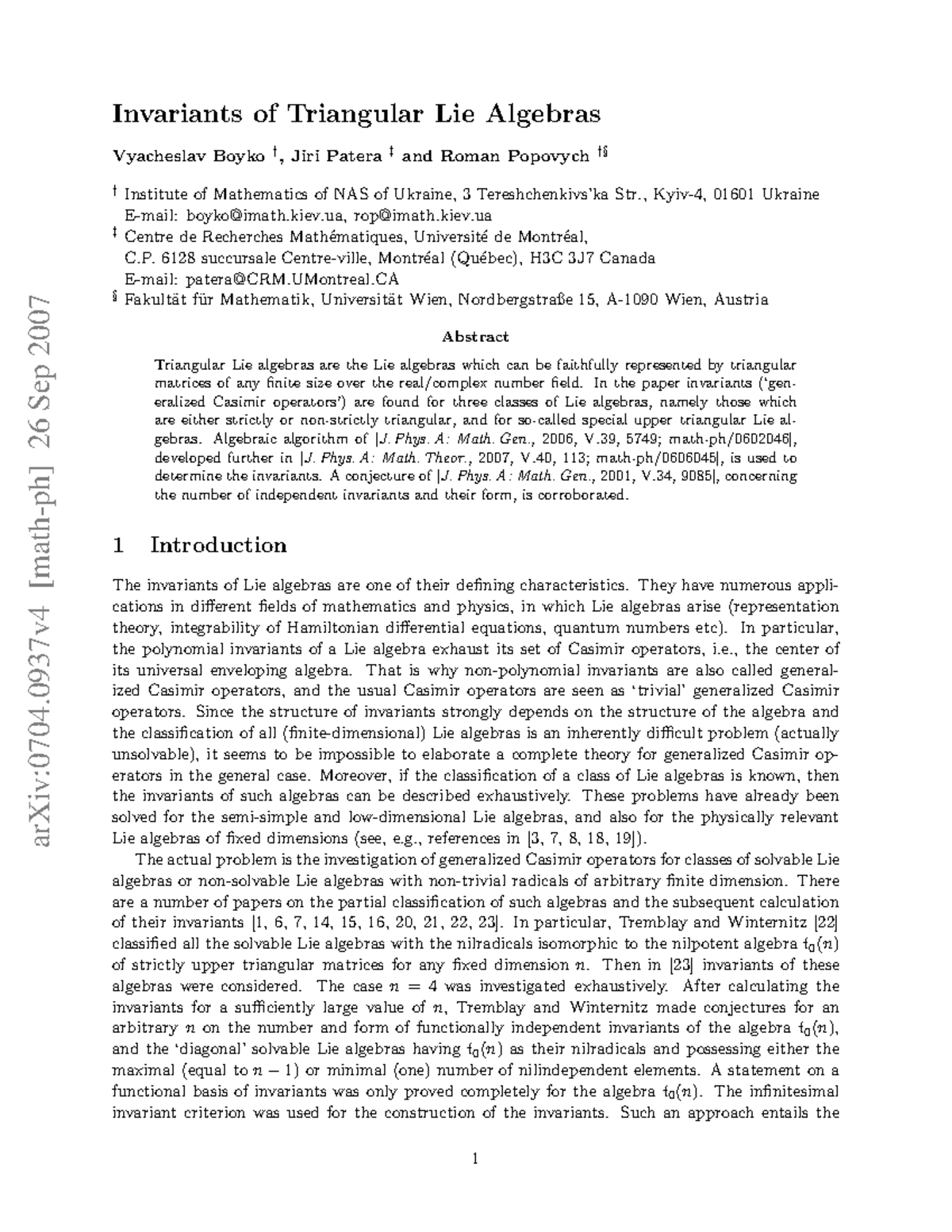 0704 - Cours - arXiv:0704 [math-ph] 26 Sep 2007 Invariants of ...