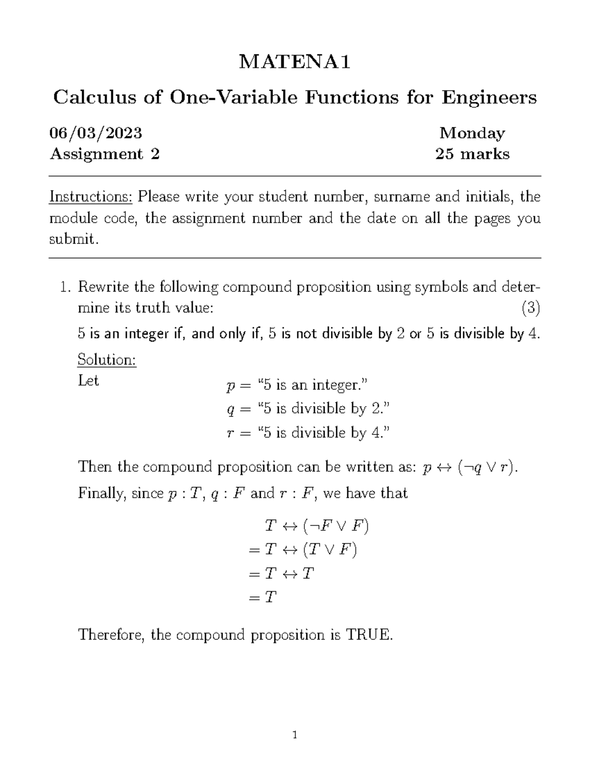 Assignment 2 - M Atena 1 - 6 March 2023 - Version 1 MEMO - MATENA Calculus of One-Variable ...