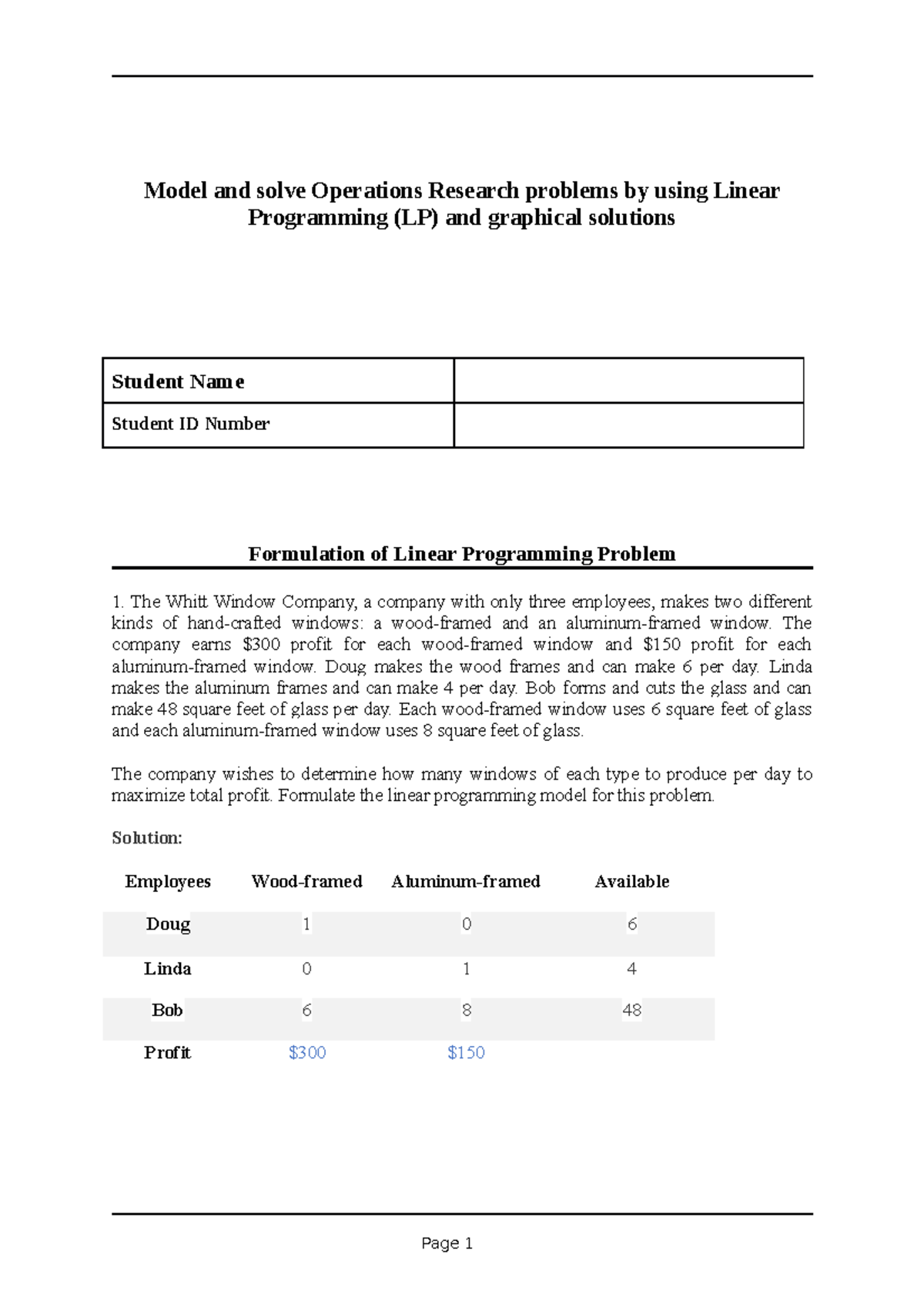 Assignment 2 CLO2 - Linear Programming Model - Model and solve Operations Research problems by ...