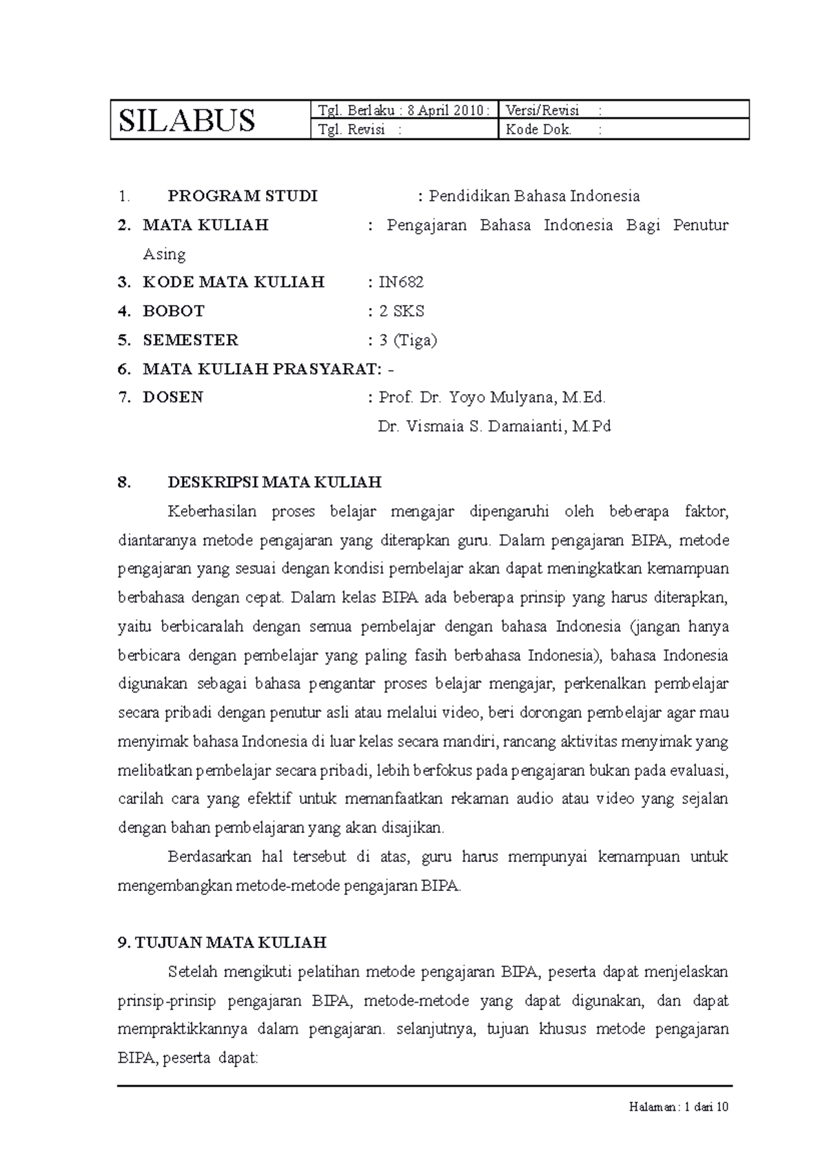 Pengajaran BIPA - one - SILABUS Tgl. Revisi : Kode Dok. : 1. PROGRAM ...