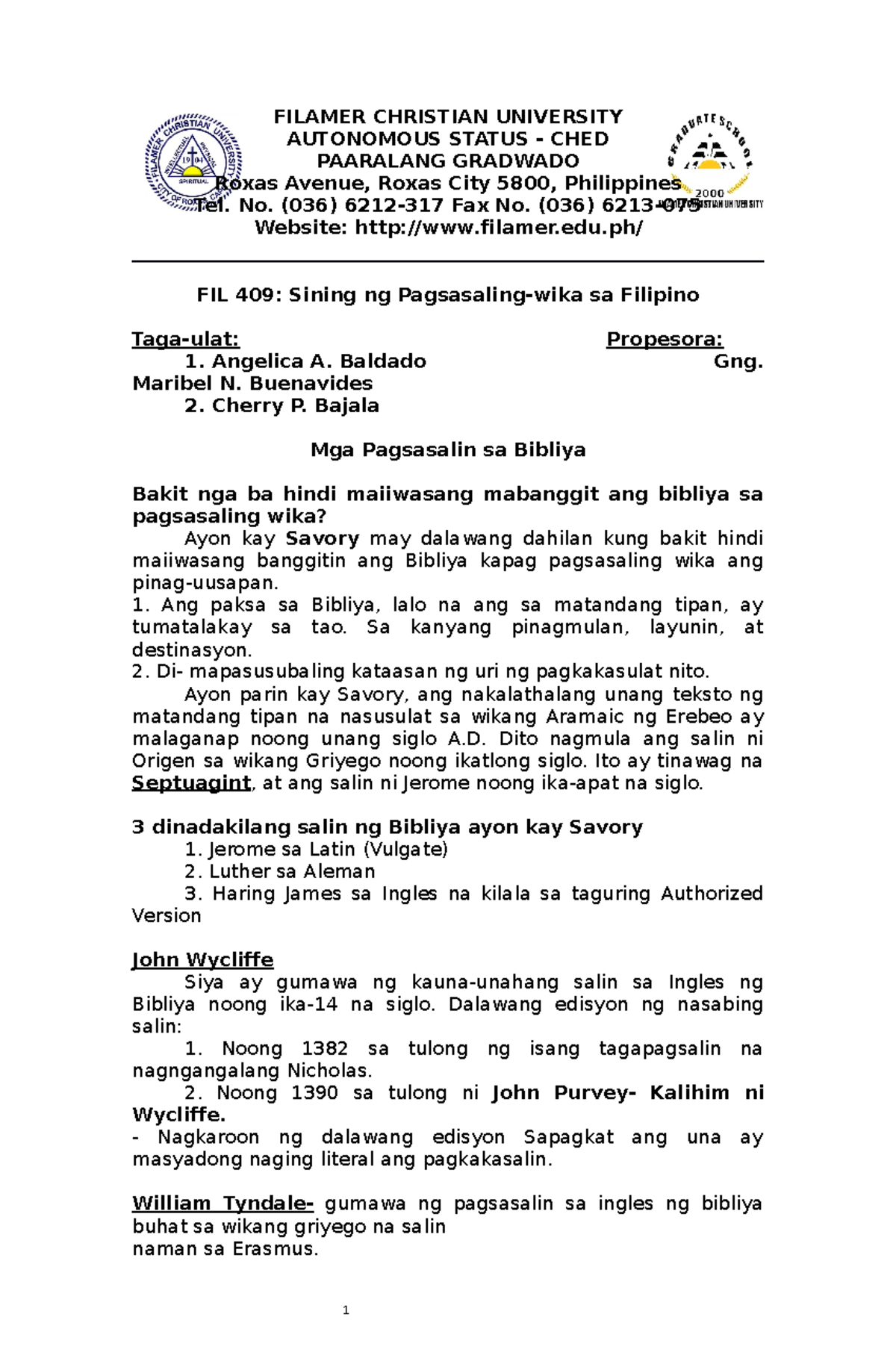 Mga-Pagsasalin-sa-Bibliya-FIL409 - FILAMER CHRISTIAN UNIVERSITY ...