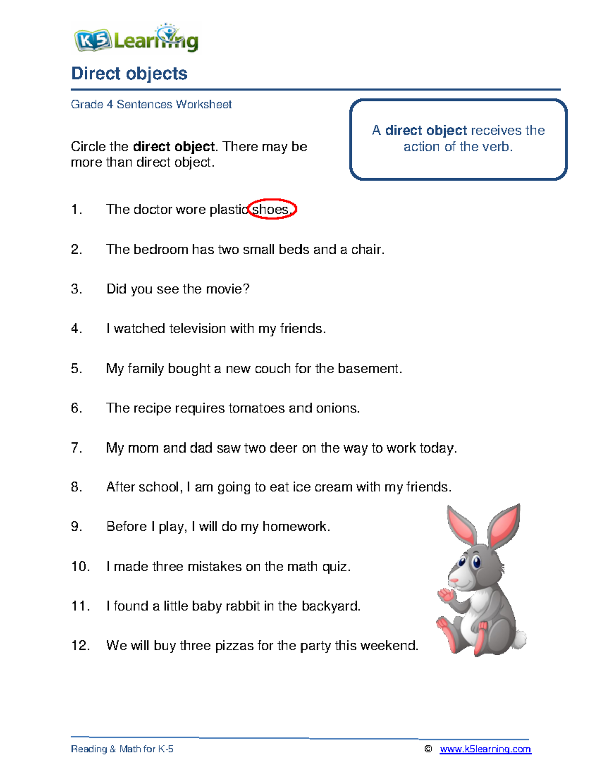 Grade 4 direct objects b - Direct objects Grade 4 Sentences Worksheet ...