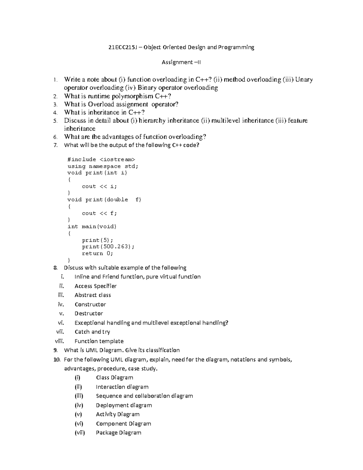 Assignment Ii 21ecc215j Object Oriented Design And Programming