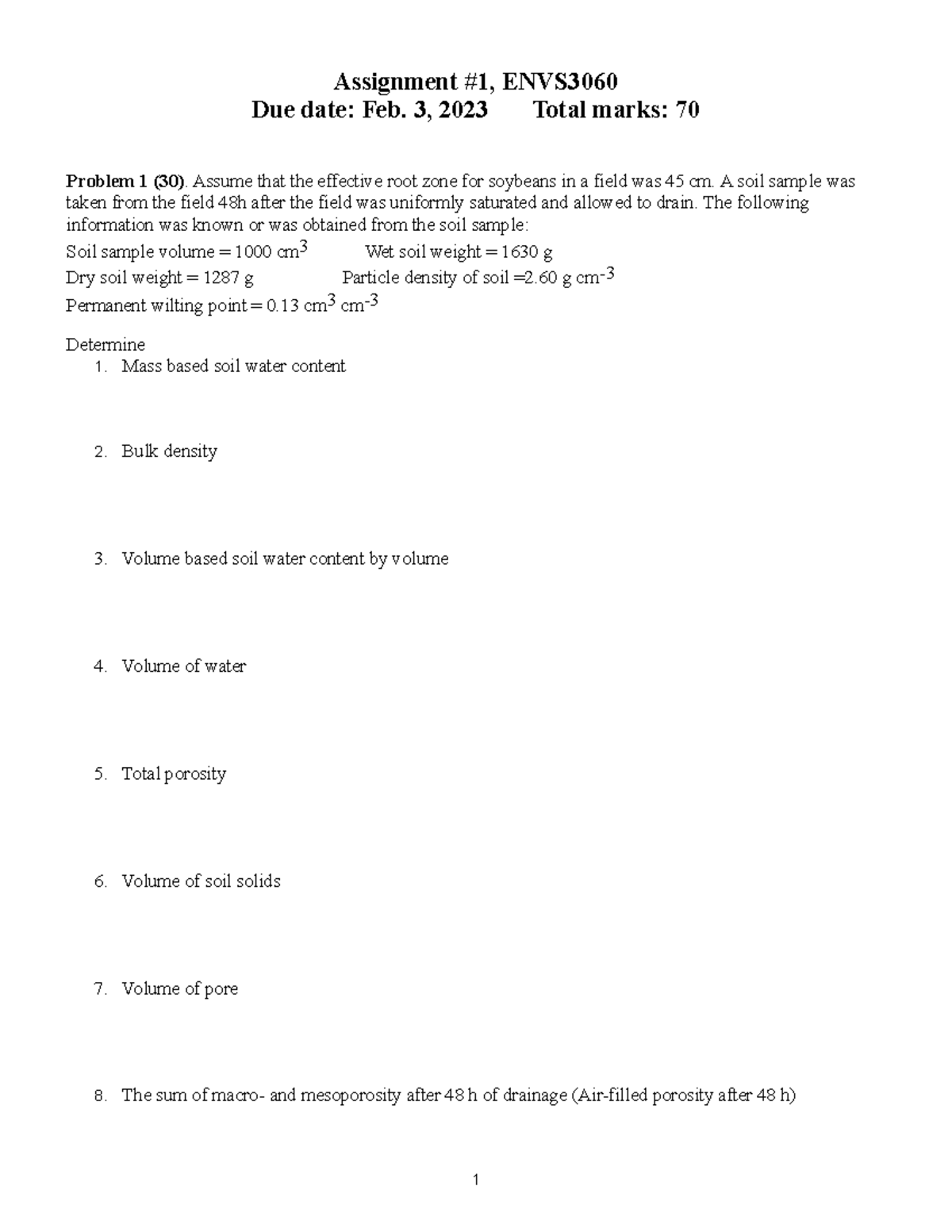 2023 ENVS3060 Assignment #1 - Assignment #1, ENVS Due date: Feb. 3, 2023 Total marks: 70 Problem ...