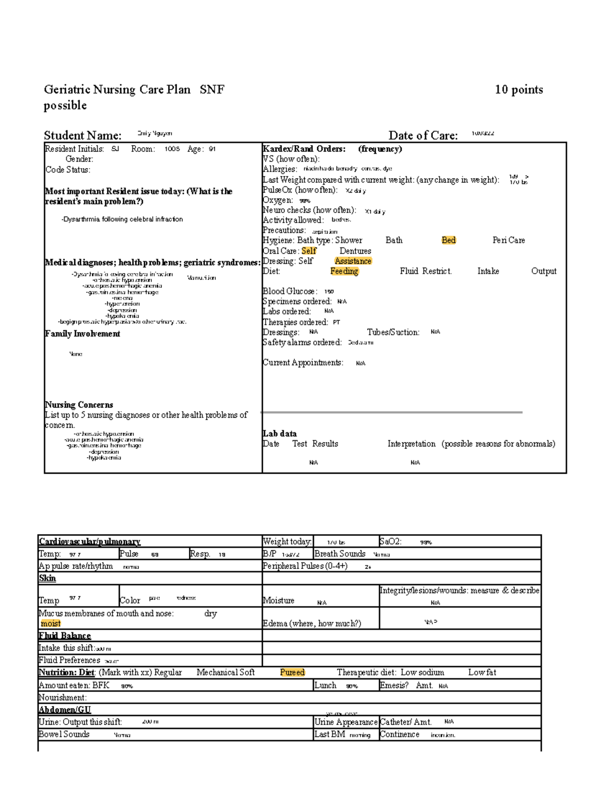 Care plan #3 - care plan - Geriatric Nursing Care Plan SNF 10 points ...