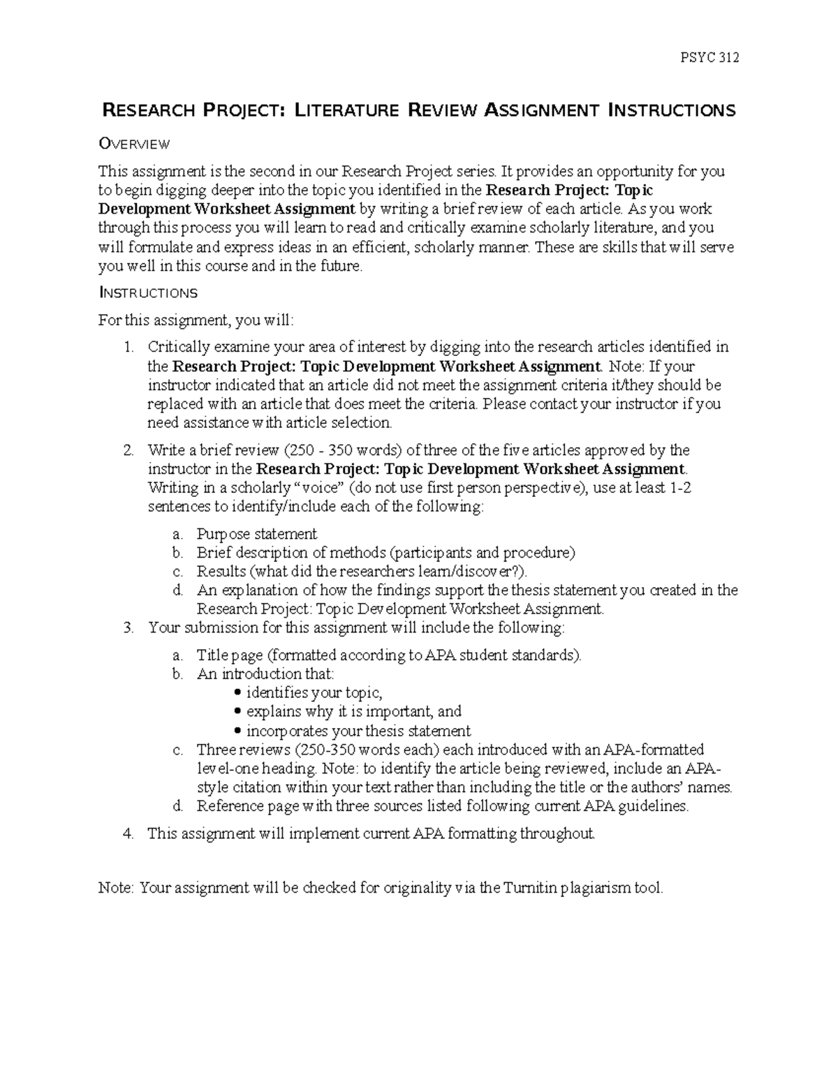 Research Project Literature Review Assignment Instructions - PSYC 312 ...