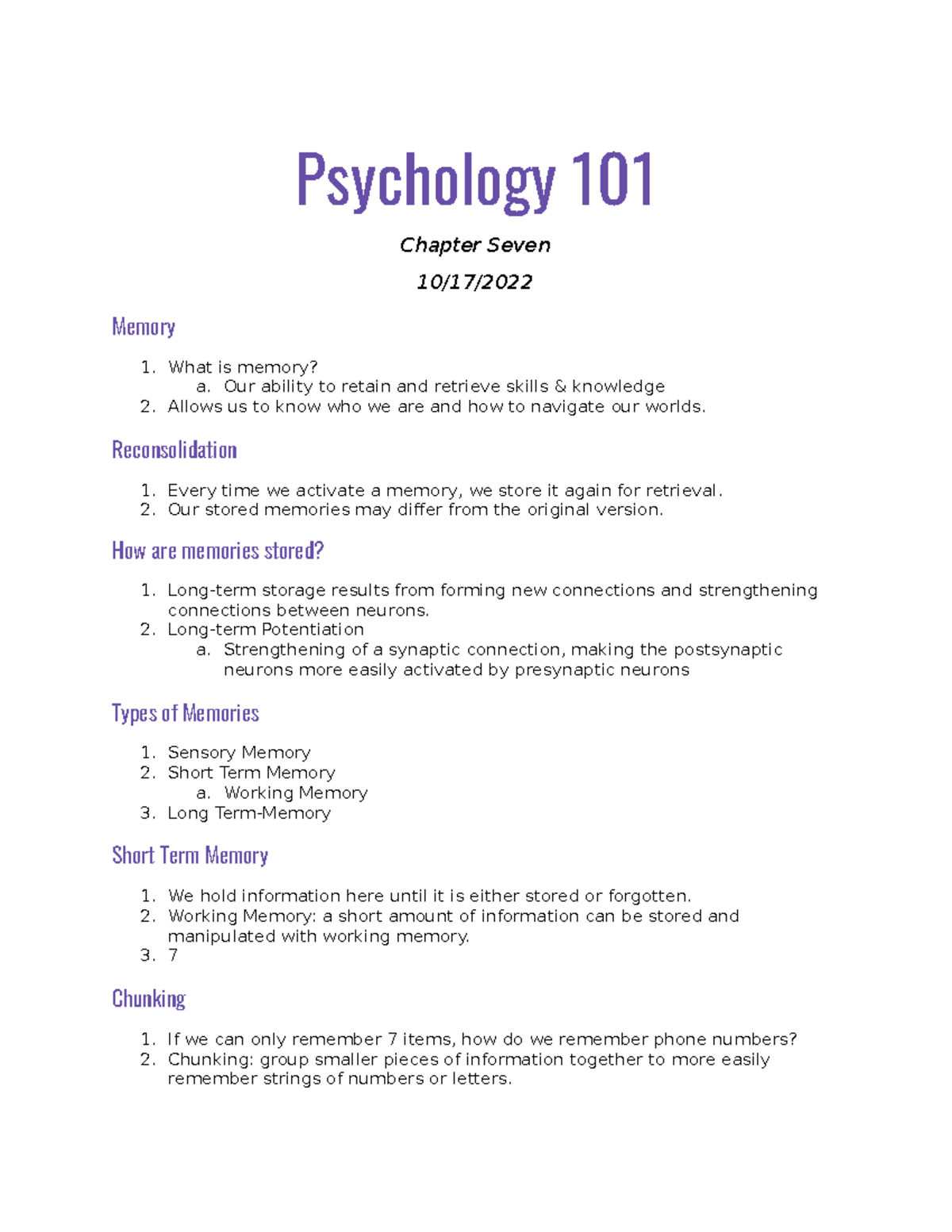 PY 101 - Chapter Seven Notes - Psychology 101 Chapter Seven 10/17 ...