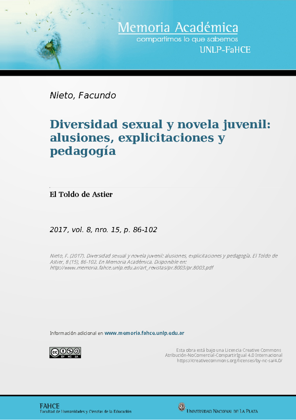 36 Nieto Novela juvenil y diversidad sexual - Nieto, Facundo Diversidad sexual y novela juvenil ...