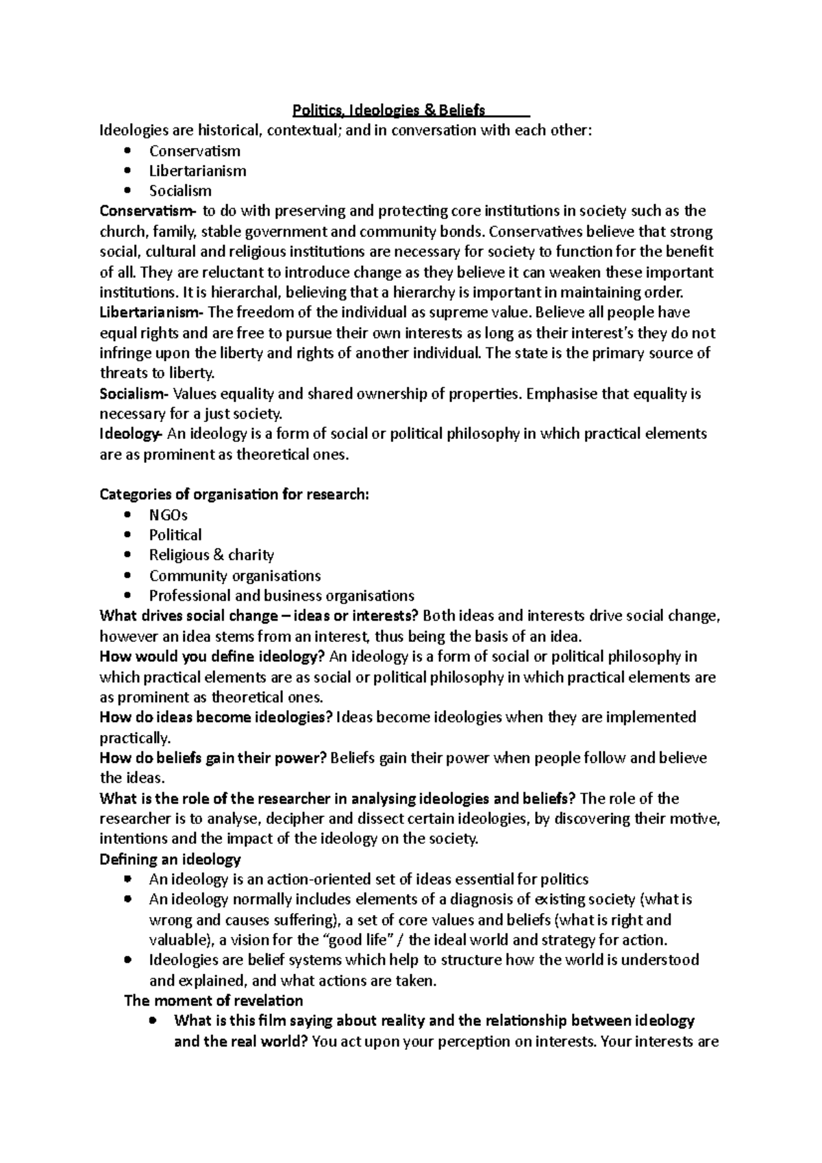 Politics, ideologies and beliefs - 54051 - Studocu