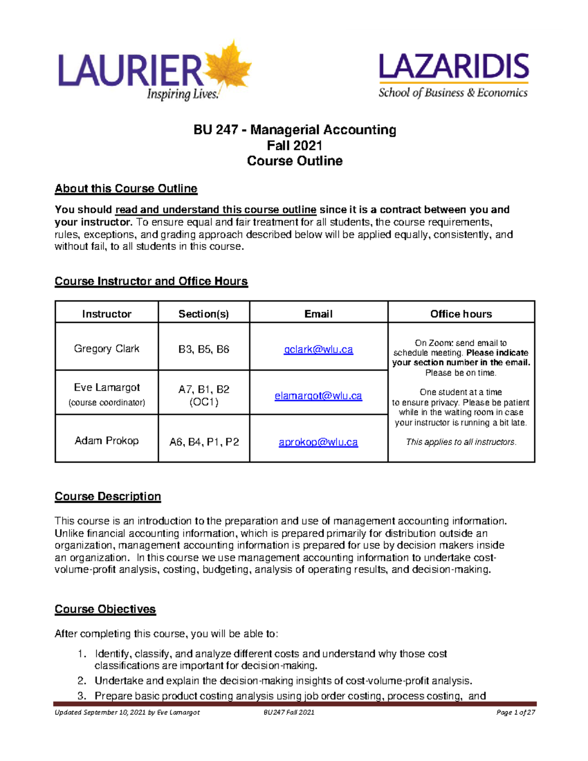 BU247 Course Outline Fall 2021 20210910 - BU 247 - Managerial ...