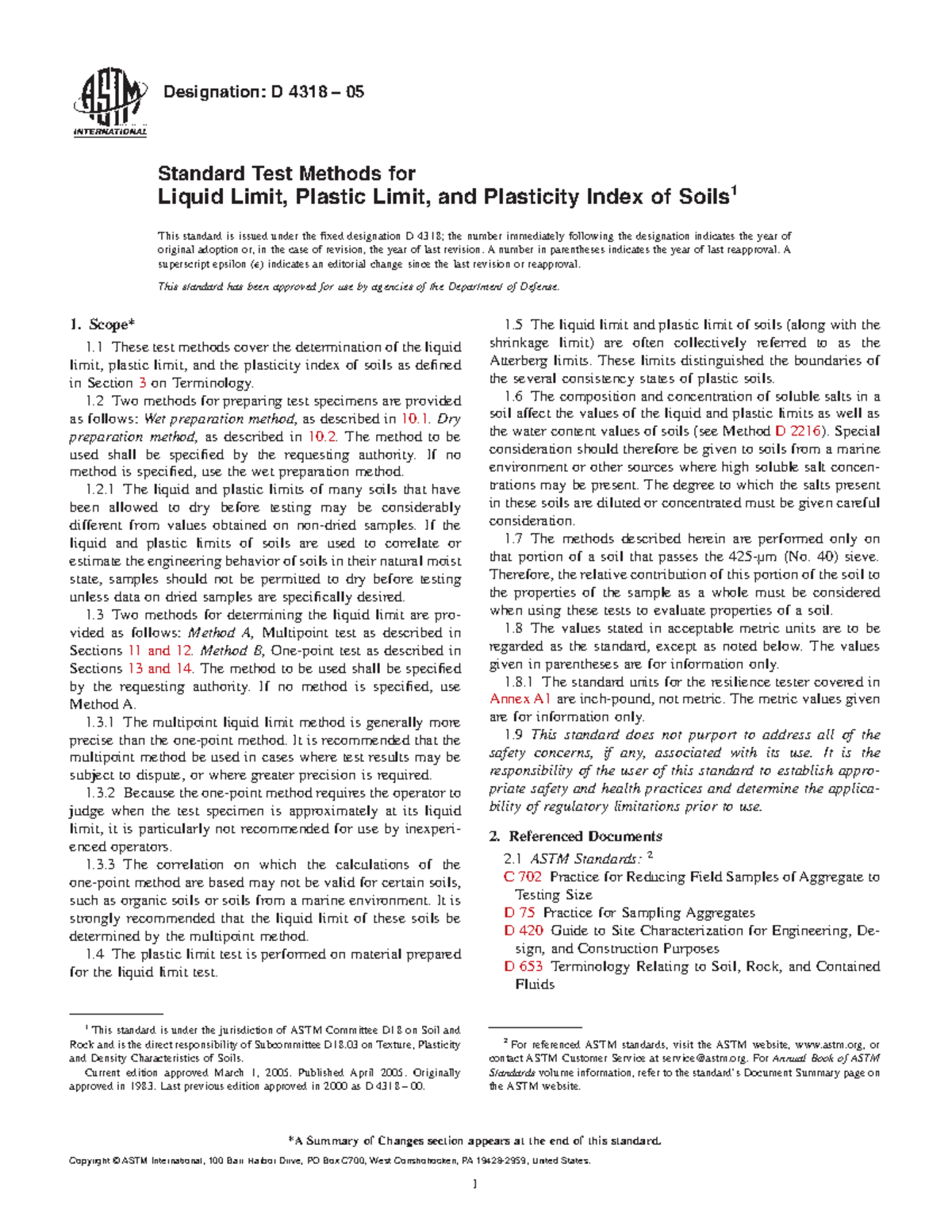 DOE-023 ASTM D 4318-05 Standard Test Methods for Liquid Limit, Plastic ...