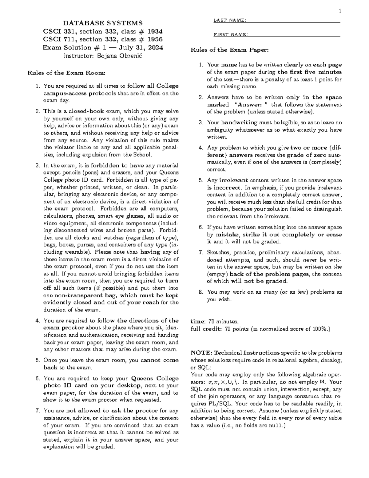 Database Solution-Exam-1 - DATABASE SYSTEMS CSCI 331, section 332, class # 1934 CSCI 711 ...