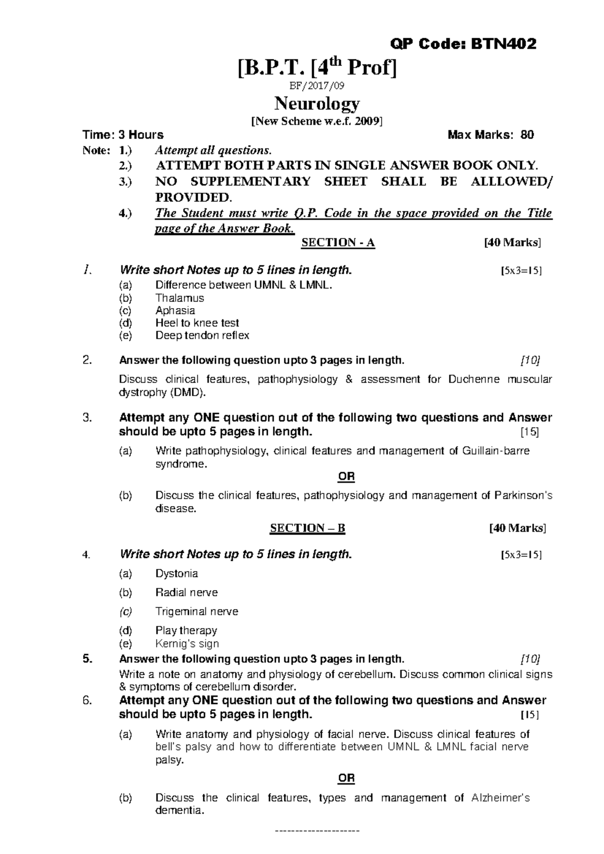 Neurology(4th)June2017 - QP Code: BTN [B.P. [ 4 th Prof] BF/2017 ...