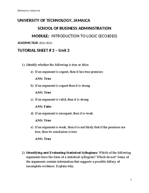 Tutorial Sheet 4A - Unit 4A - UNIVERSITY OF TECHNOLOGY, JAMAICA SCHOOL ...
