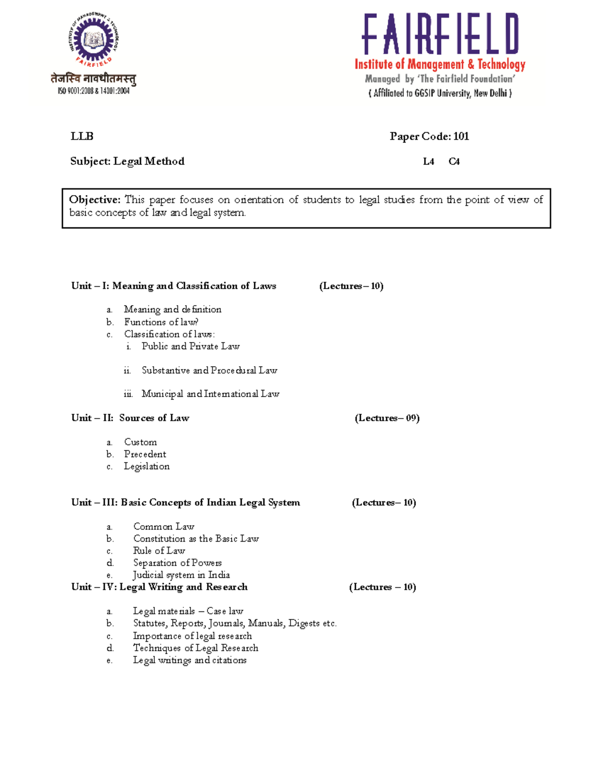 Legal method - Lecture notes 1-40 - LLB Paper Code: 101 Subject: Legal ...