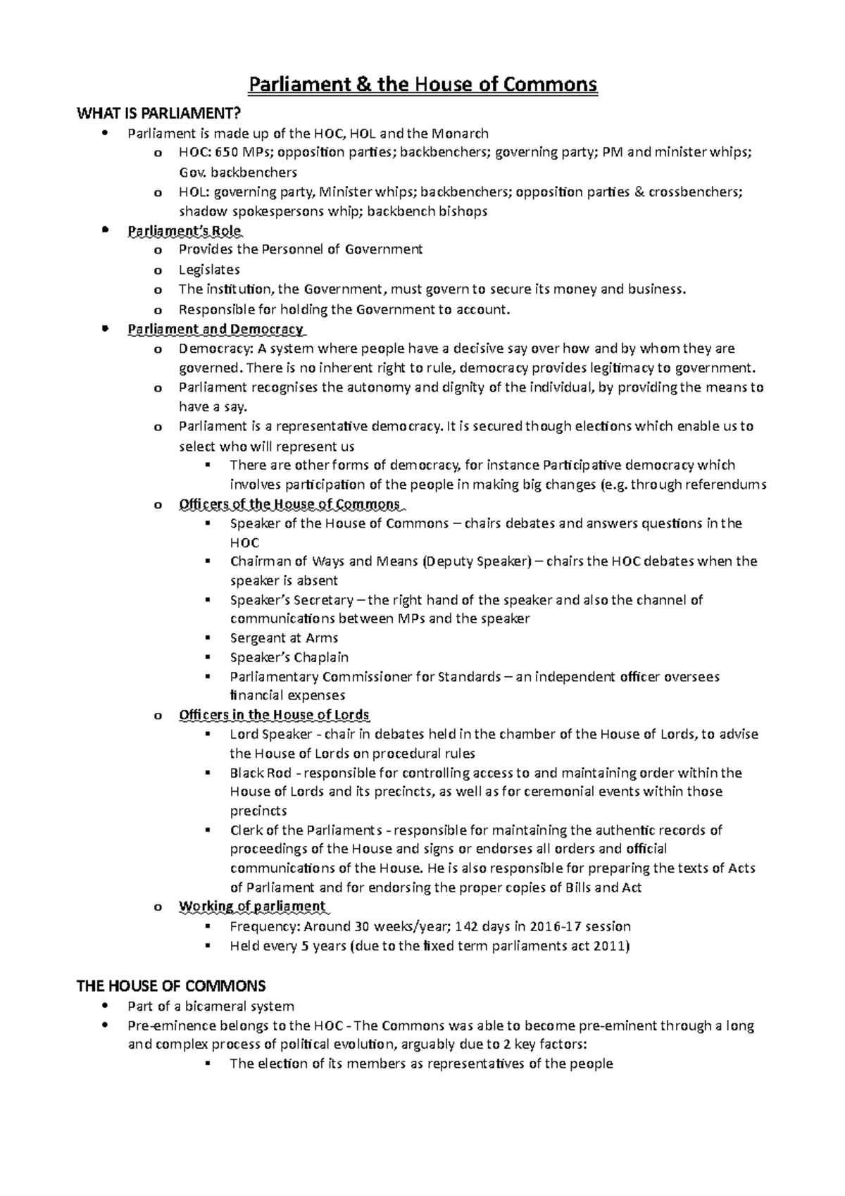 Parliament and House of Commons notes - WHAT IS PARLIAMENT? Parliament ...