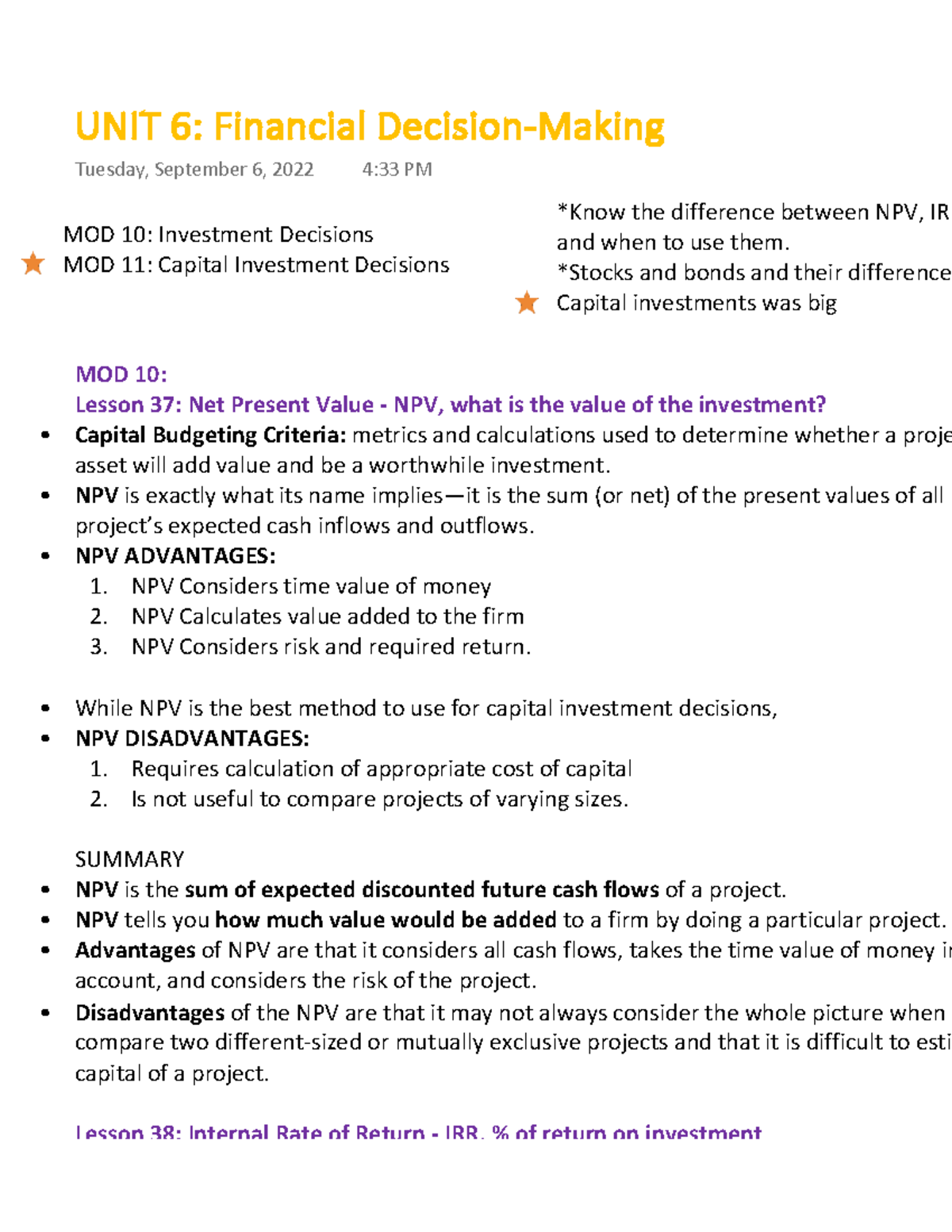 UNIT 6 Financial Decision-Making - MOD 10: Investment Decisions MOD 11 ...