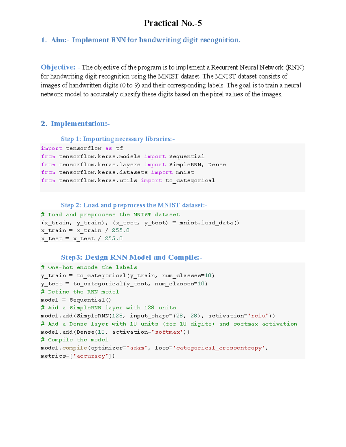 Practical 5 - Notes - Practical No.- 1. Aim:- Implement RNN for ...