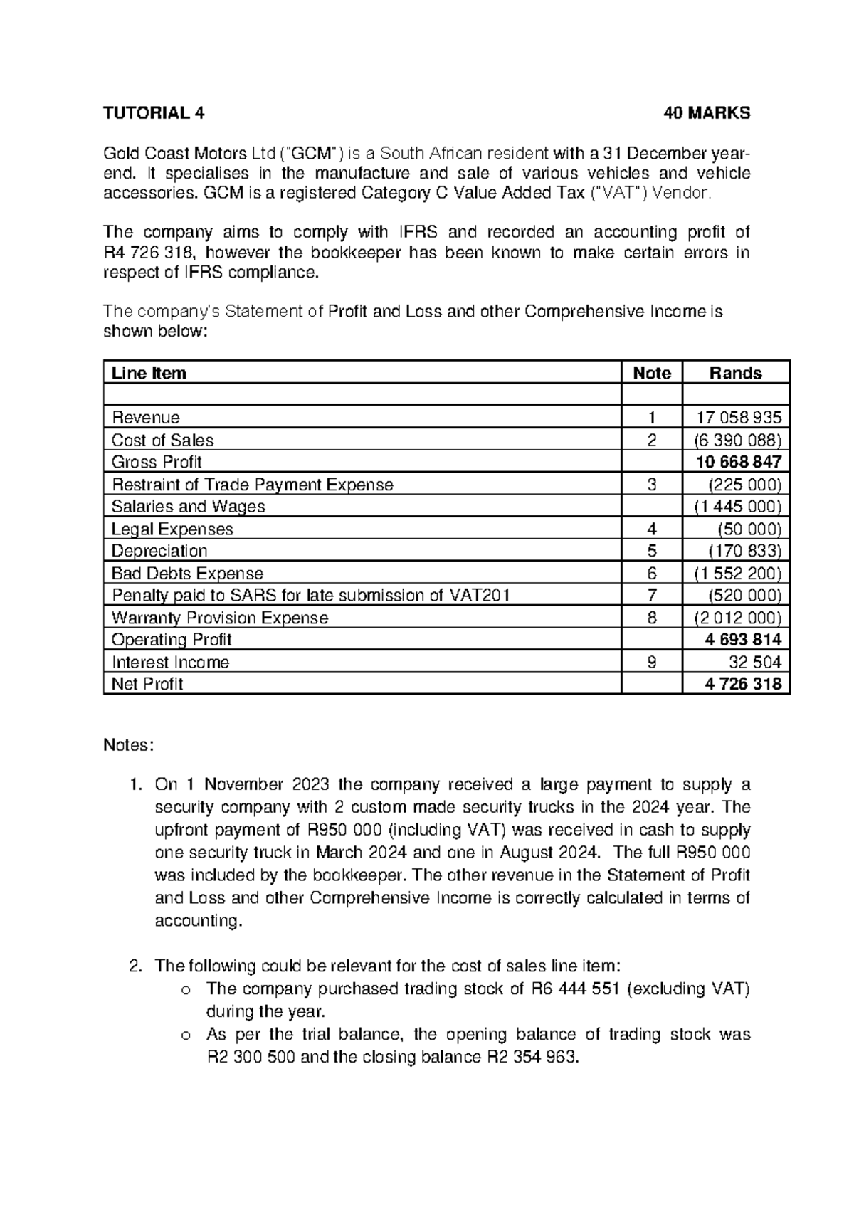 Tut 4 Question - TUTORIAL 4 40 MARKS Gold Coast Motors Ltd (“GCM”) is a South African resident ...