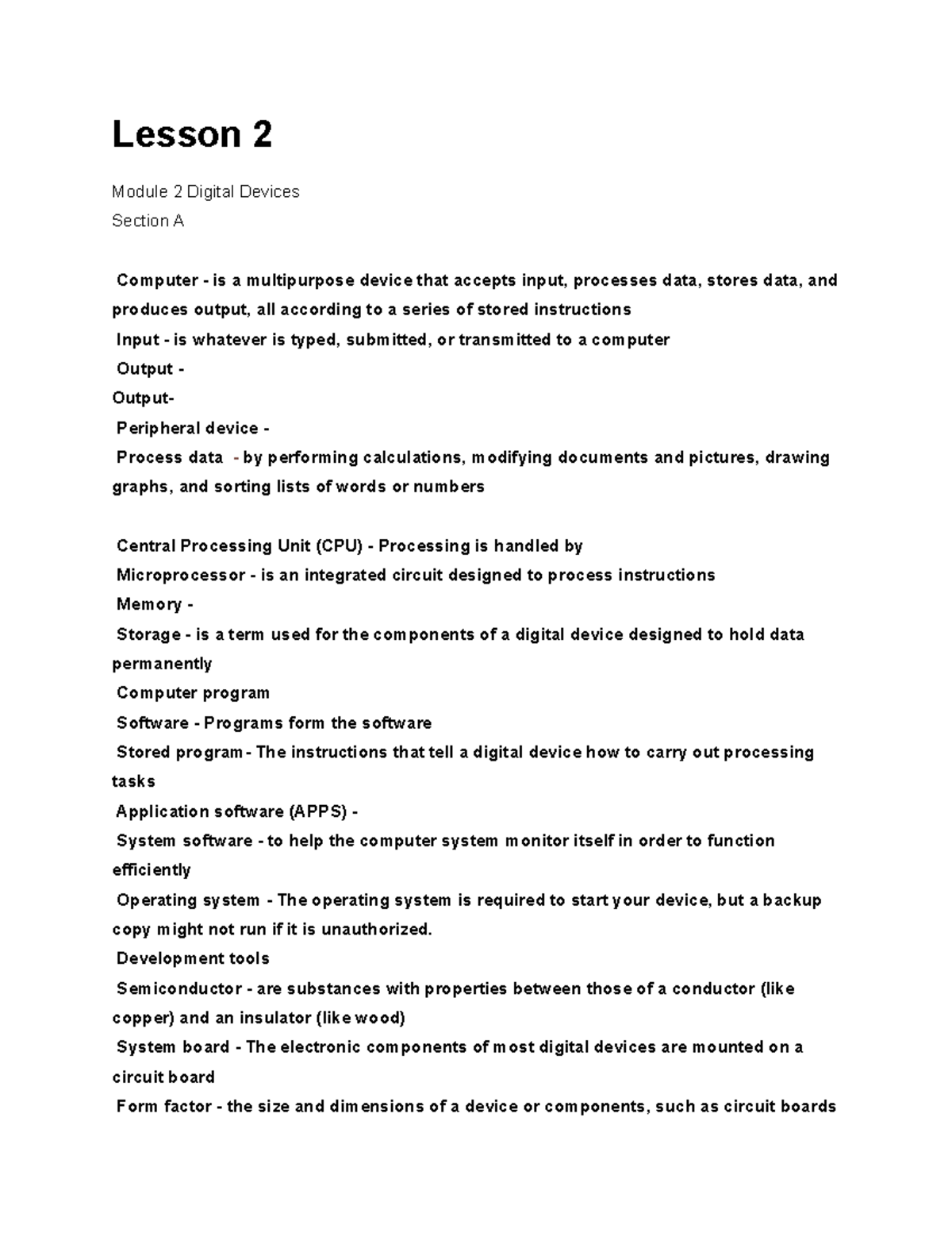 Computer concepts for end users lesson 2 part A terms - Lesson 2 Module ...