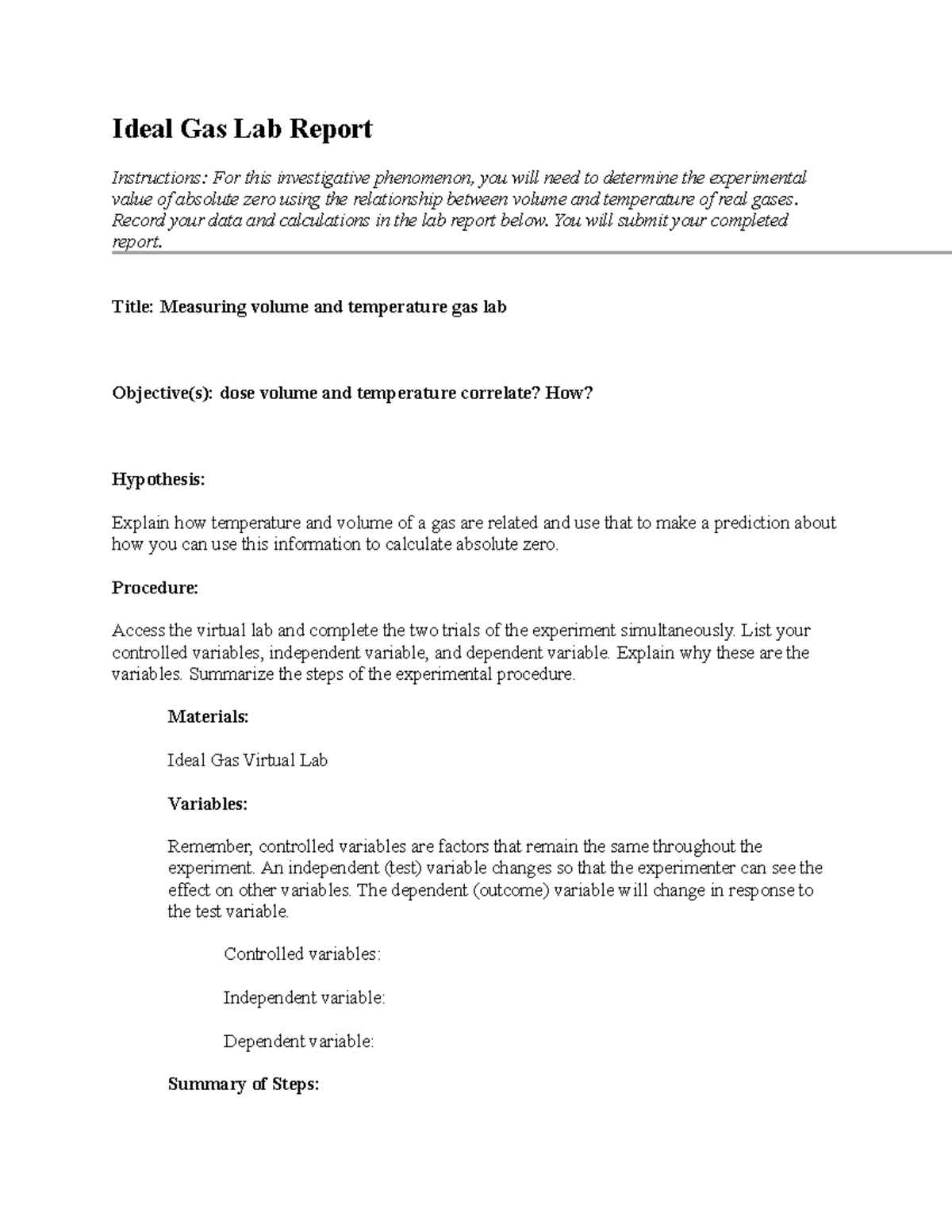 Gas lab activity - Studocu