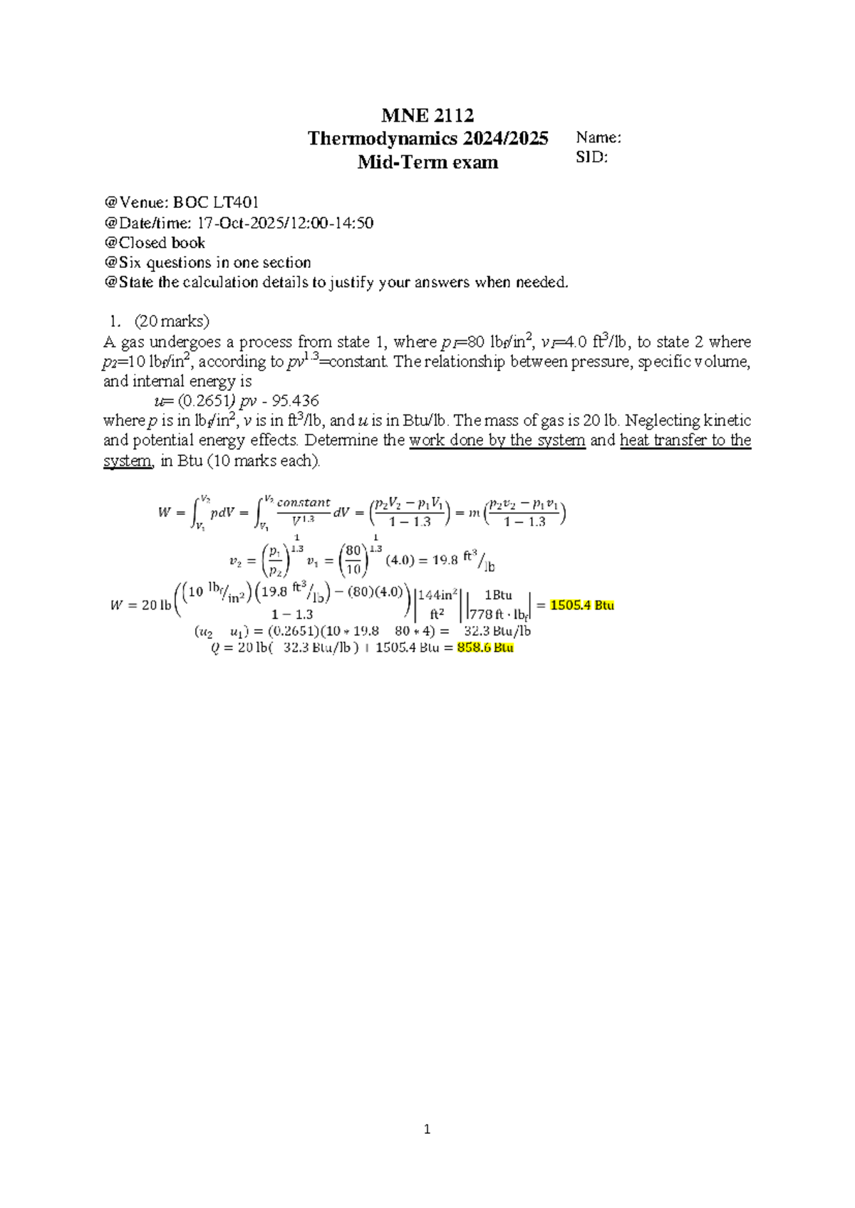 Mid-term Thermo 2024-2025 Q&A - MNE 2112 Thermodynamics 2024 / Mid-Term exam Name: SID: @Venue ...
