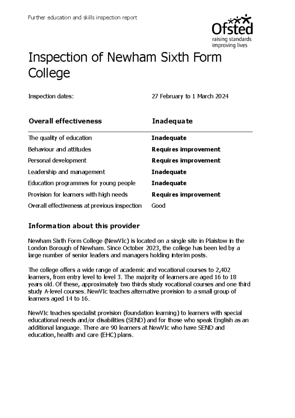 130452 1 - Further education and skills inspection report Inspection of ...