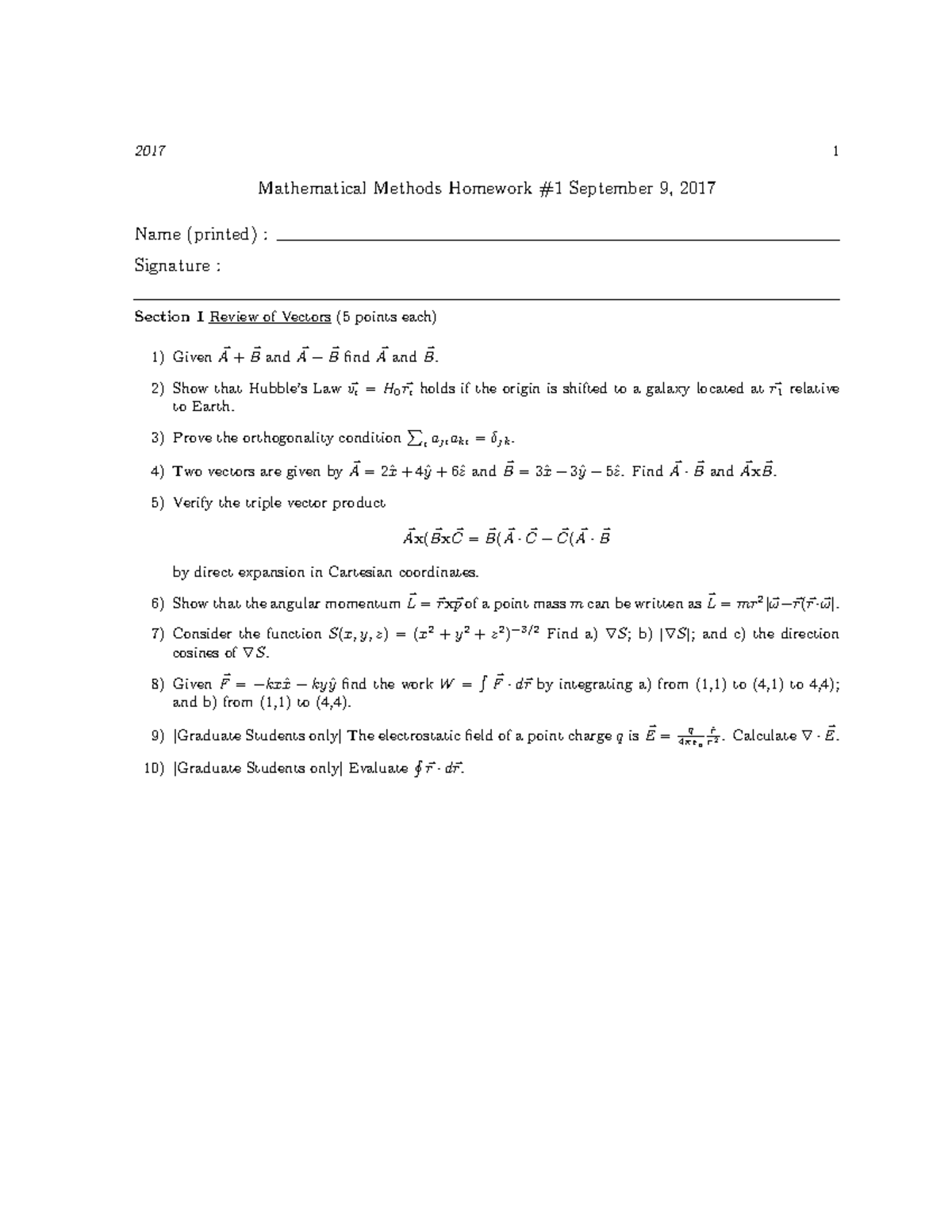 Math Methods-2017-HW1 - 2017 1 Mathematical Methods Homework #1 ...