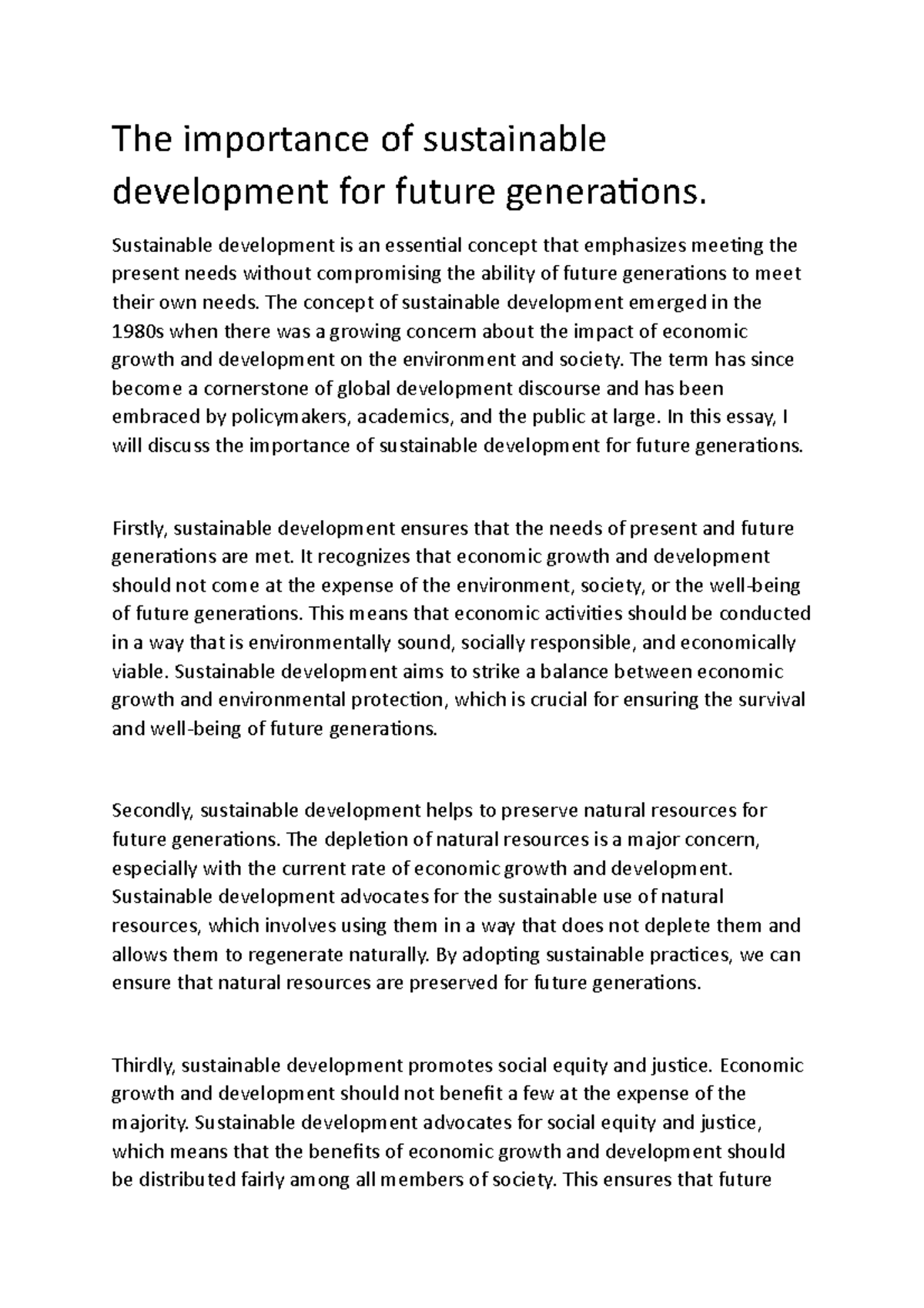 The importance of sustainable development for future generations ...