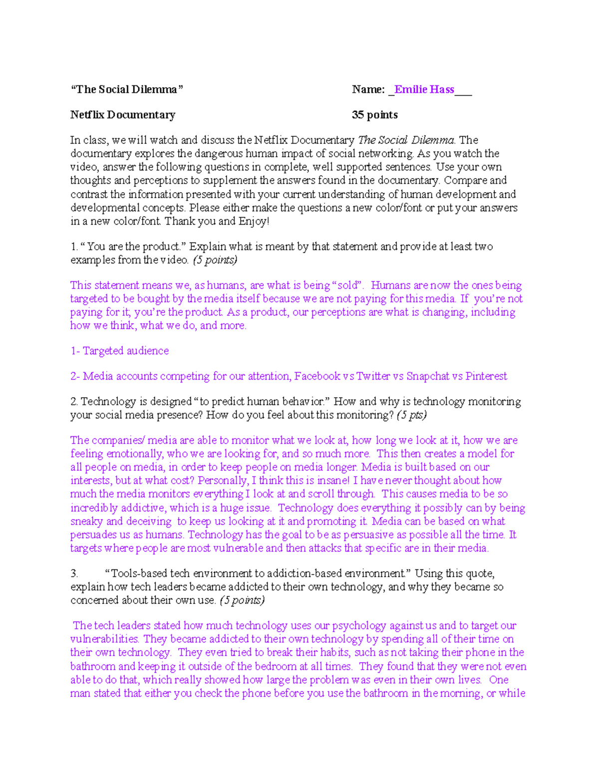 Social Dilemma Assignment - “The Social Dilemma” Name: Emilie Hass ...