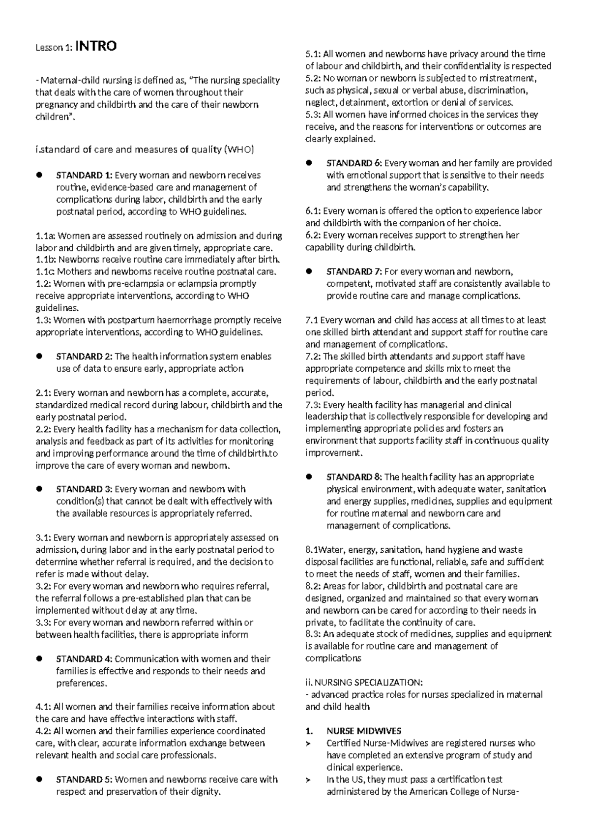 MCHN 1 - OLFU MCHN INTRO: STANDARD CARE AND MEASURES OF QUALITY ...