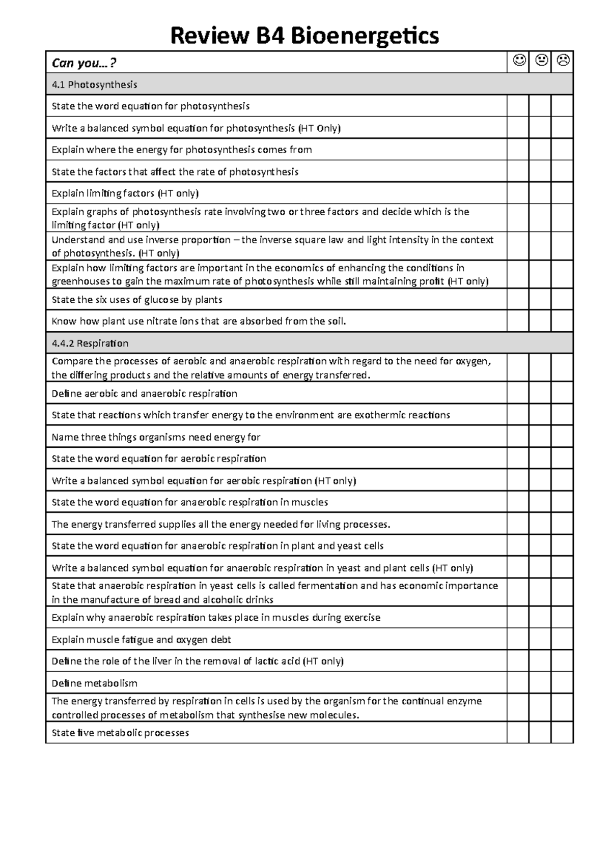 B4-Bioenenergetics review sheet - Review B4 Bioenergetics Can you...? 4 ...