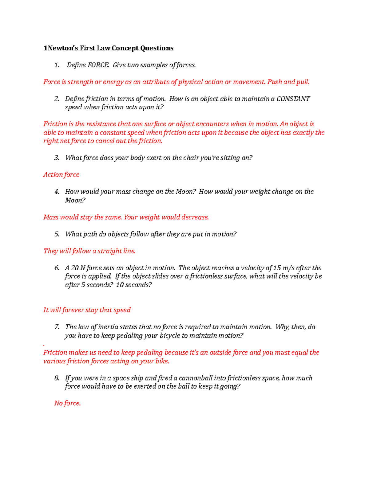1st law concept questions - 1Newton’s First Law Concept Questions ...
