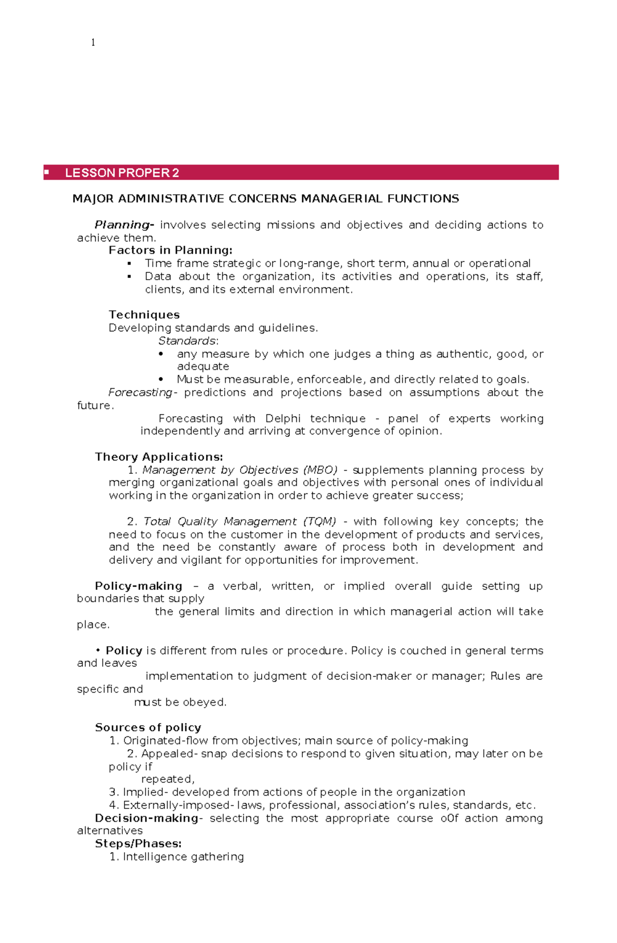 Major Administrative Concerns Managerial Functions - LESSON PROPER 2 ...