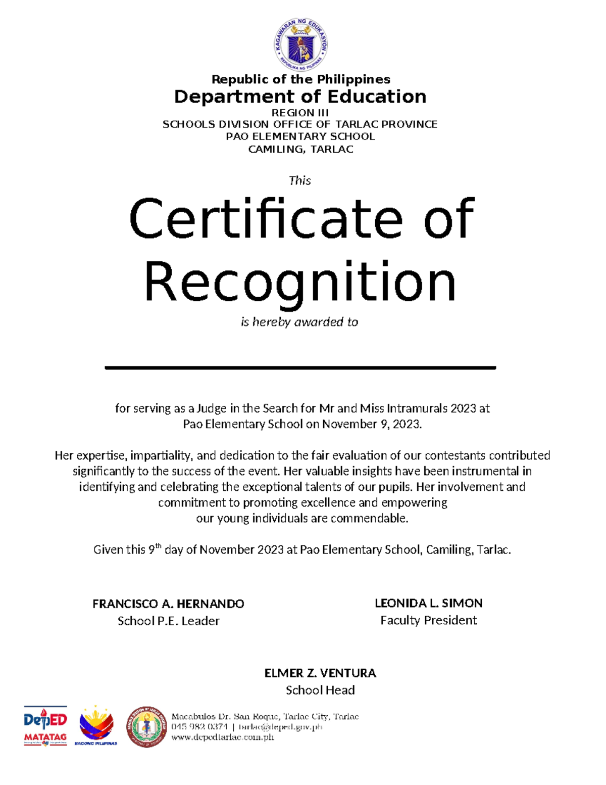 Certificate of Recognition as Judge During Mr and Miss Intrams ...