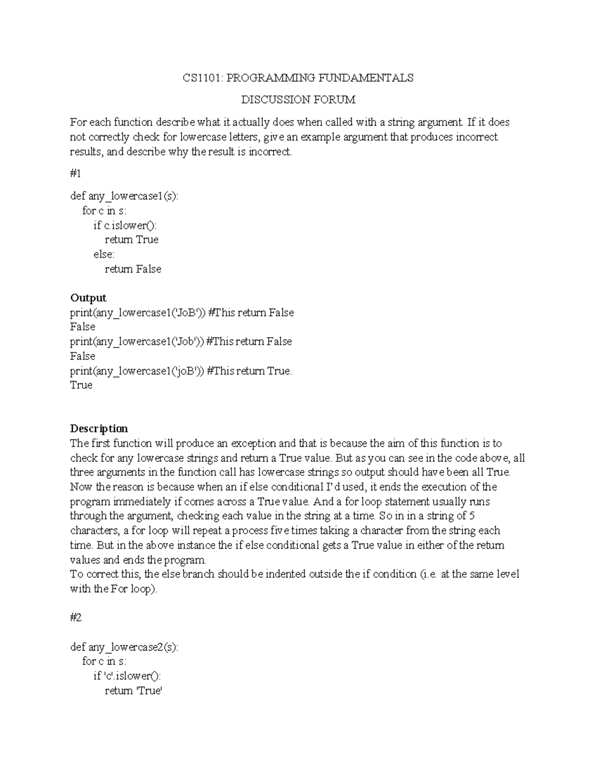 CS1101 - Practice work - CS1101: PROGRAMMING FUNDAMENTALS DISCUSSION FORUM For each function ...