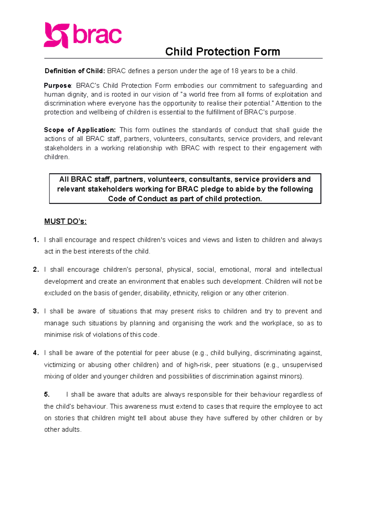 Child Protection Form - BRAC International - Child Protection Form ...