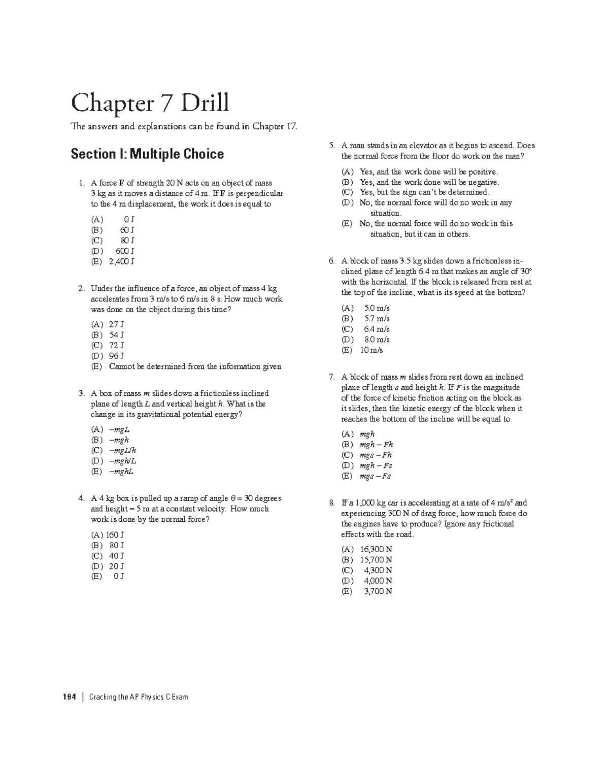 Chapter 7 Drill - 1 9 4 | Cracking the AP Physics C Exam Chapter 7 ...