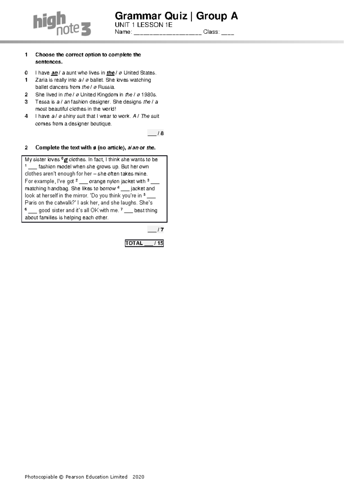 High Note 3 Grammar Quiz Unit01E Group A - Grammar Quiz | Group A UNIT ...