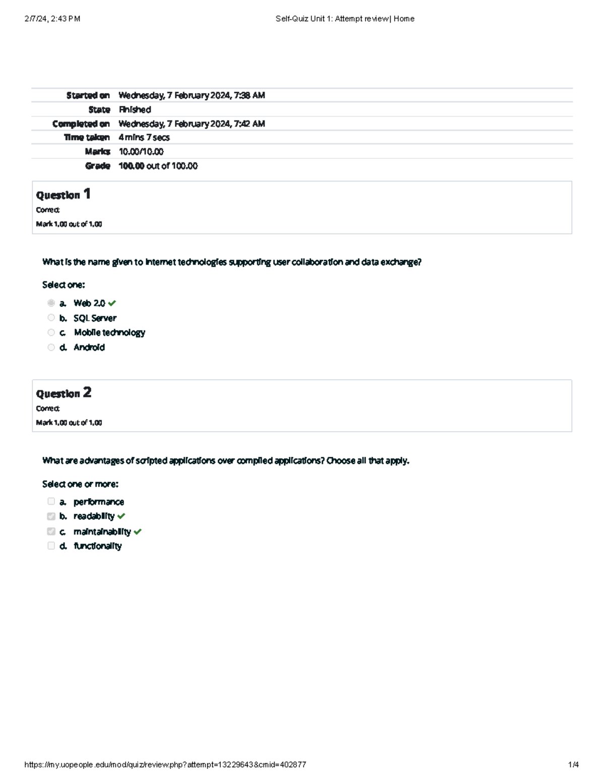 Self-Quiz Unit 1 - Self-Quiz Unit 1 CS 3305 - Started on Wednesday, 7 February 2024, 7:38 AM ...