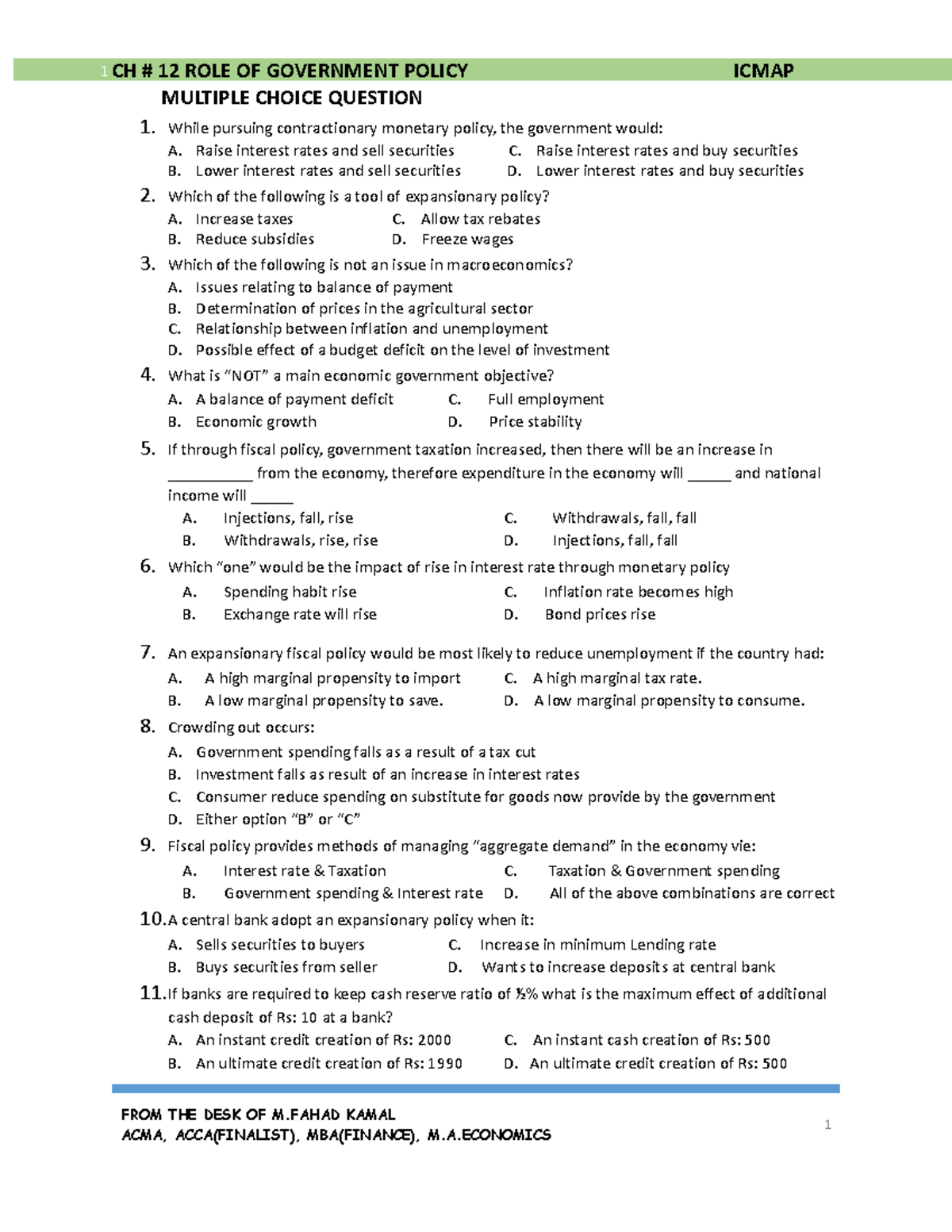 ICMA ECO MCQ CH # 15 ROLE OF Government Policy - CH # 12 ROLE OF ...