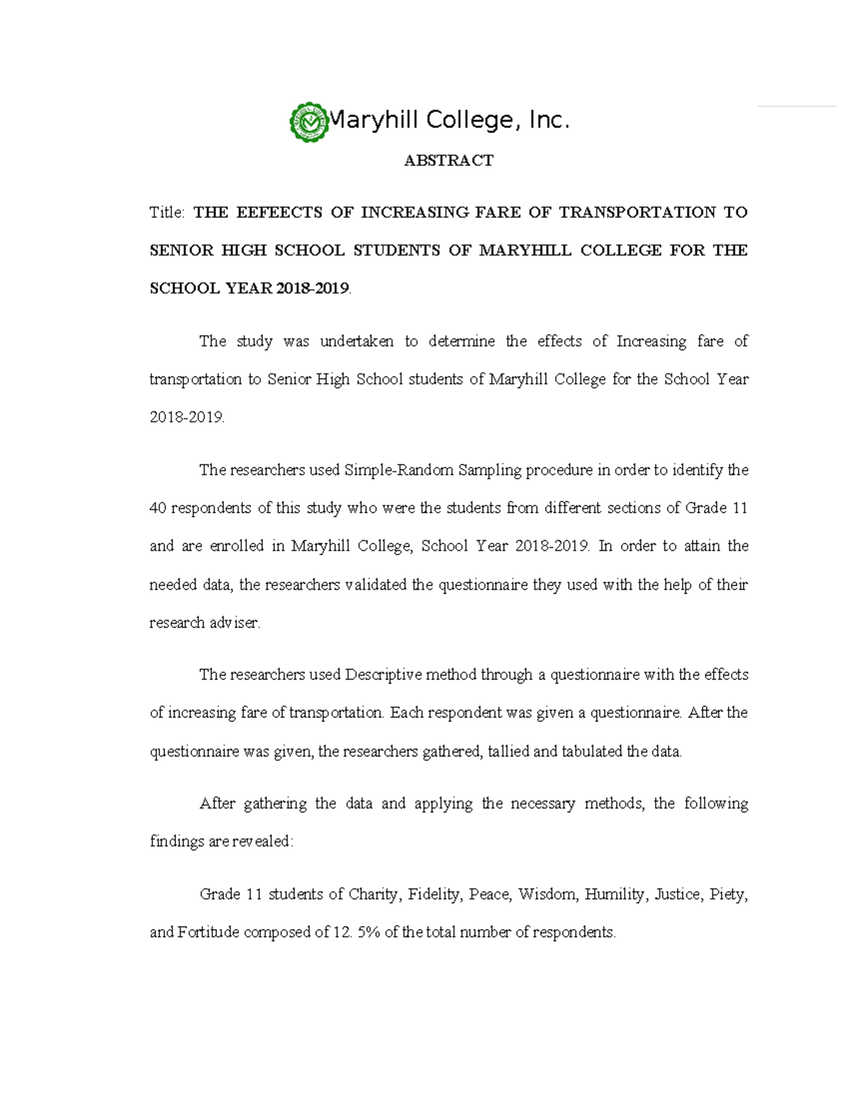 the effects of fare hike - Maryhill College, Inc. ABSTRACT Title: THE ...