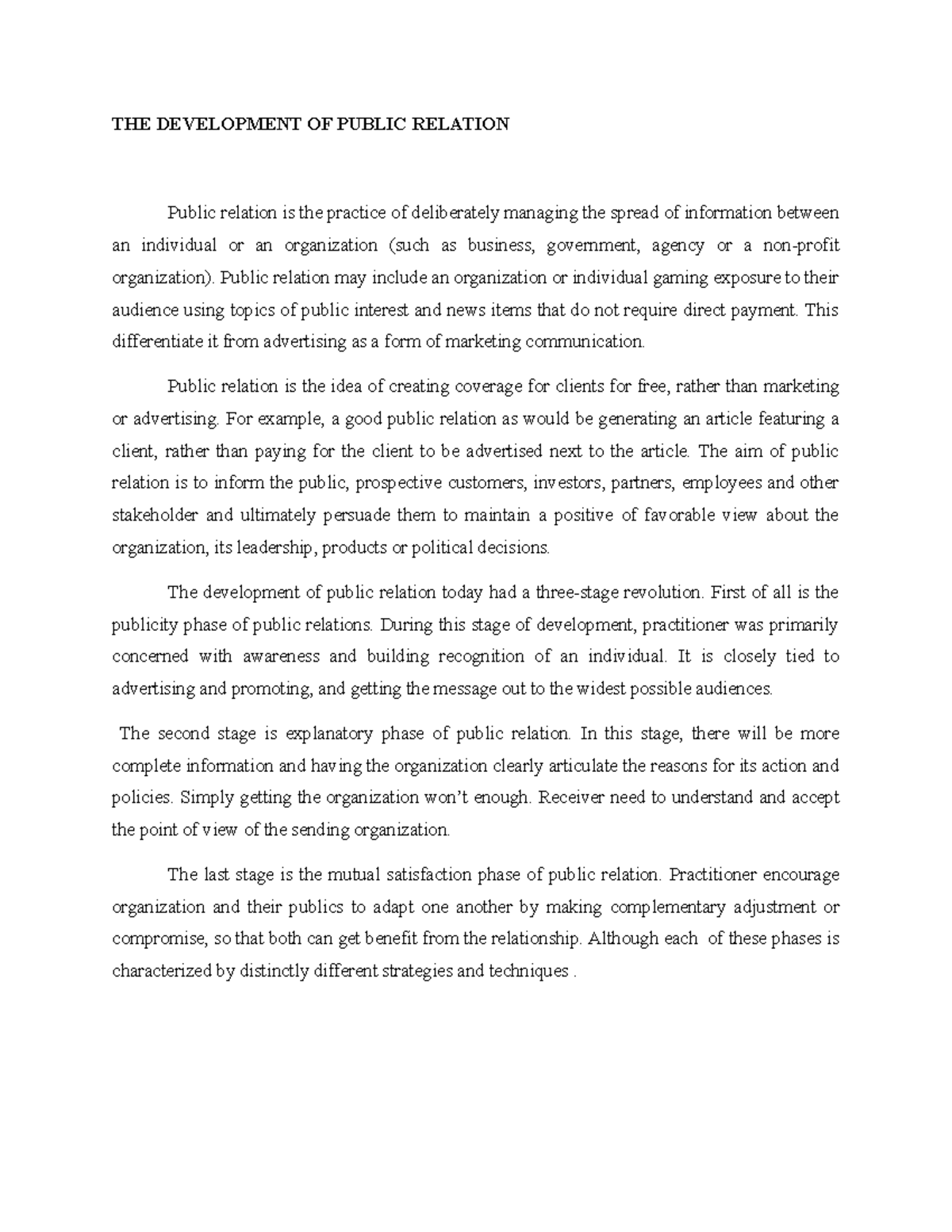 THE Development OF Public Relation - THE DEVELOPMENT OF PUBLIC RELATION ...