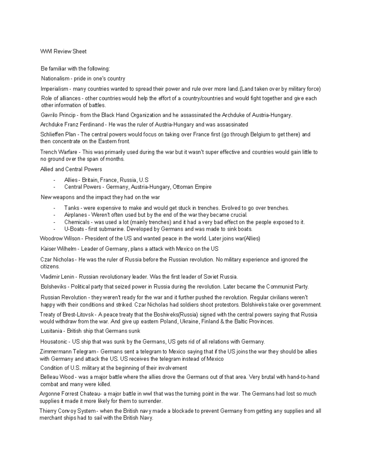 World History WWI Test Review Sheet - WWI Review Sheet Be familiar with ...