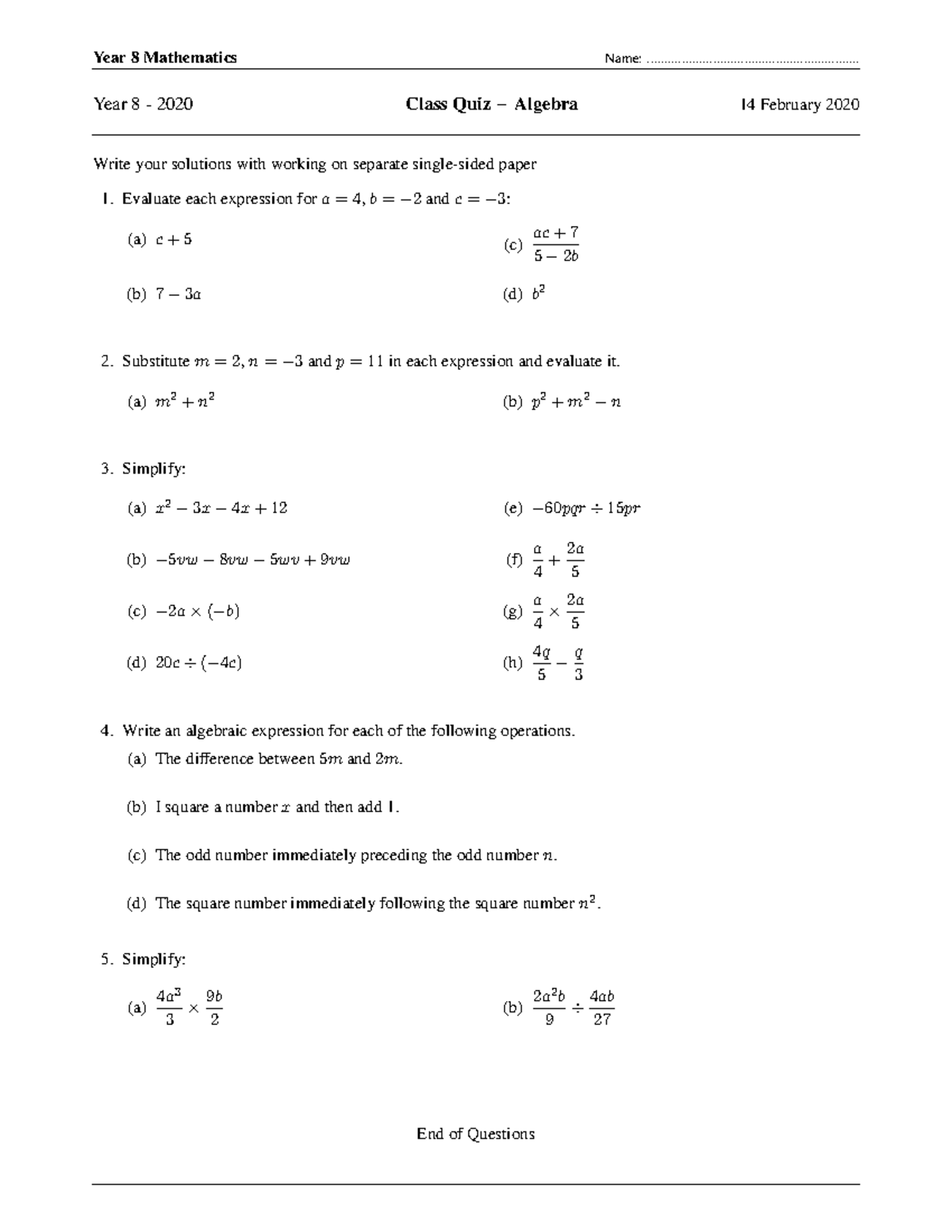 01 Algebra - wq34yurgt4863 - Year 8 Mathematics Name: - Studocu