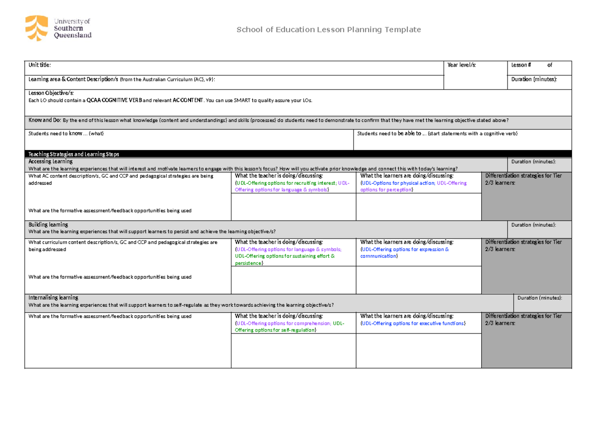 A1 Lesson Template A3 Landscape - School of Education Lesson Planning ...