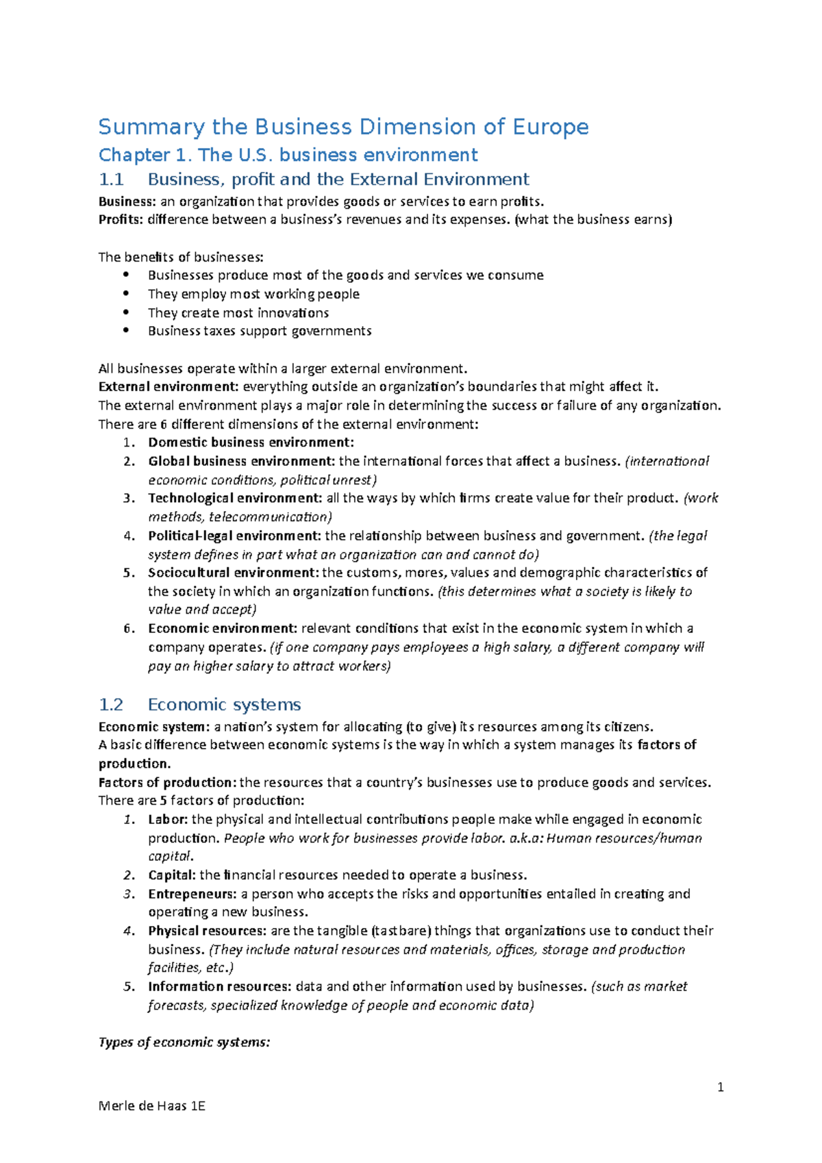 Summary the Business Dimension of Europe - The U. business environment ...