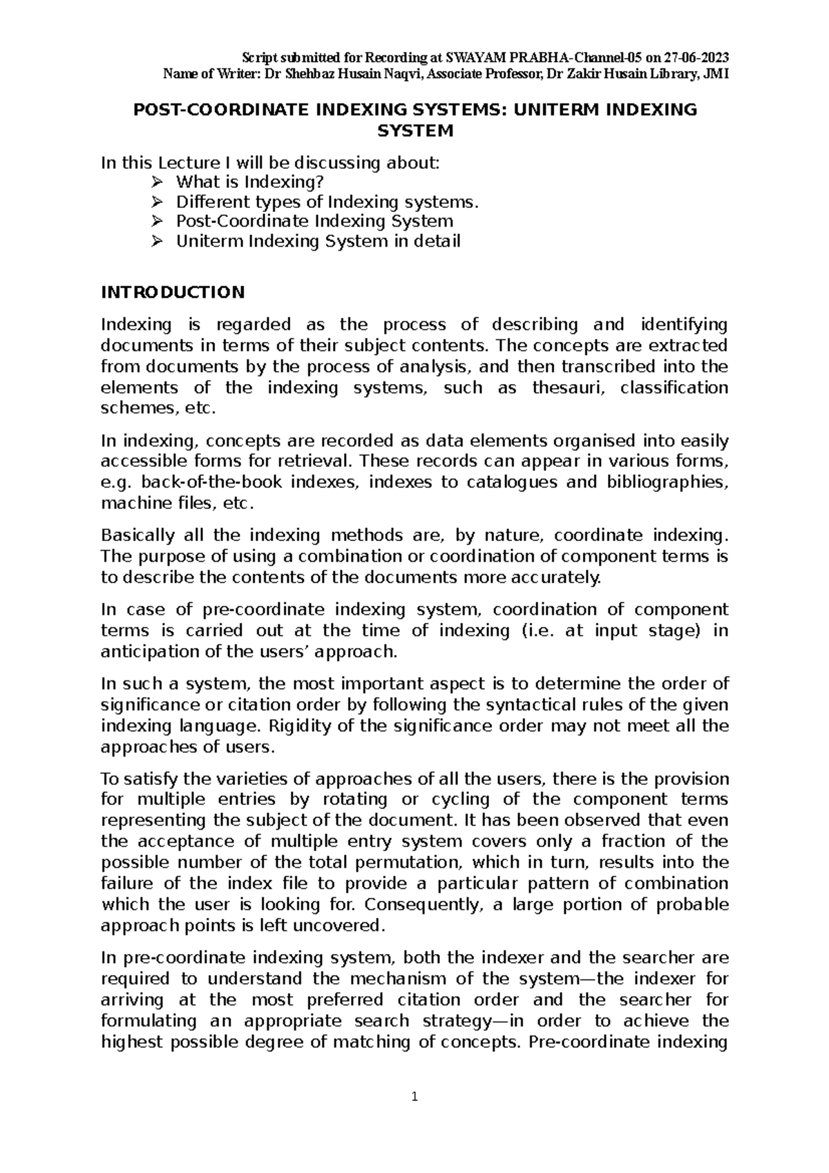 POST Coordinate- Indexing Uniterm MCRC REV - Name of Writer: Dr Shehbaz Husain Naqvi, Associate ...